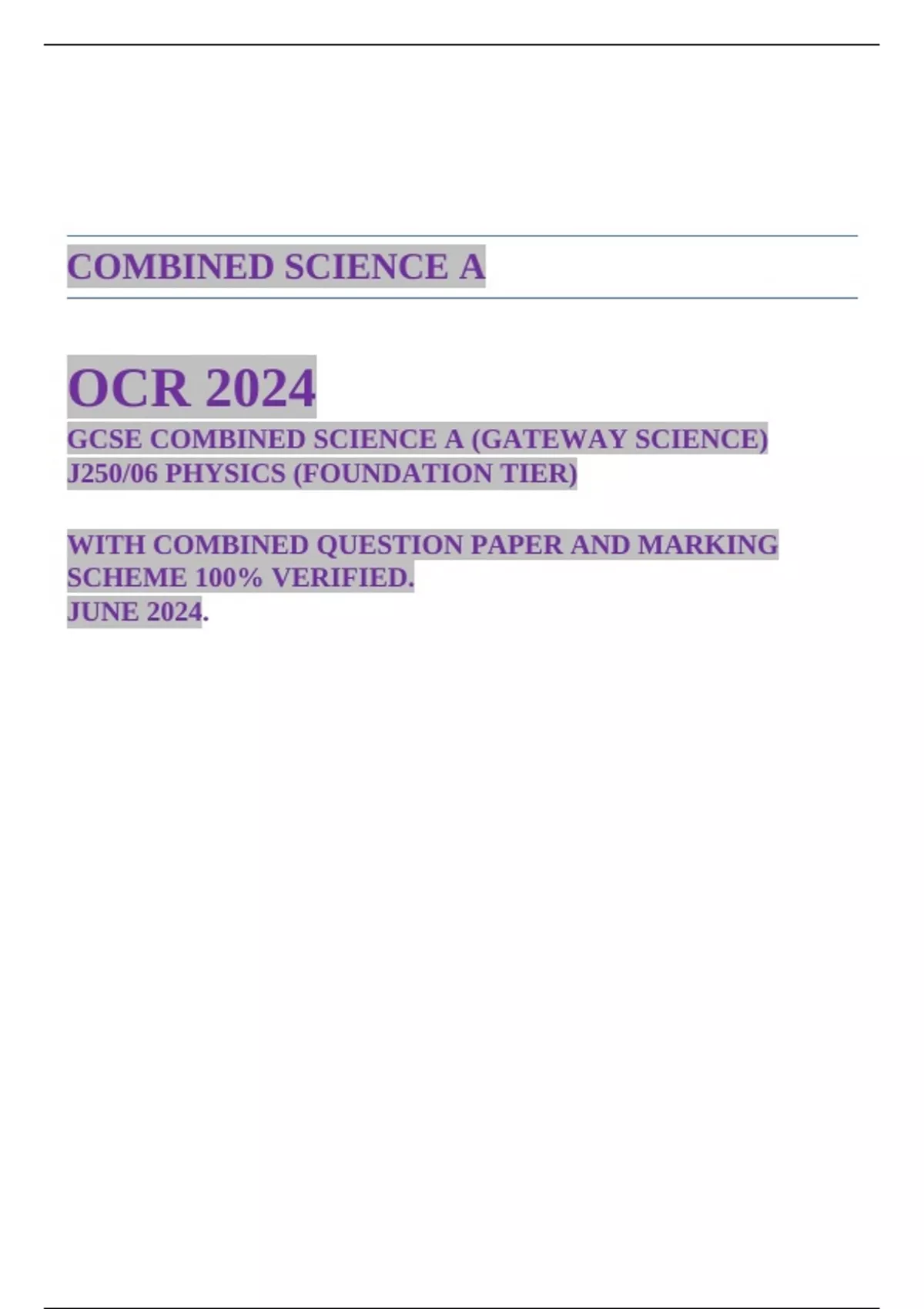 Ocr 2024 Gcse Combined Science A Gateway Science J250 06 Physics Foundation Tier With
