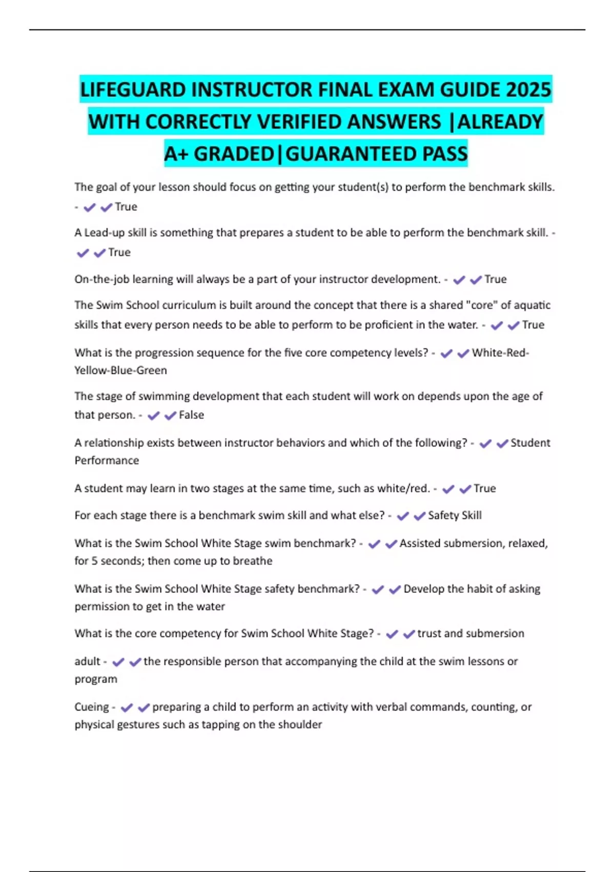 LIFEGUARD INSTRUCTOR FINAL EXAM GUIDE 2025 WITH CORRECTLY VERIFIED ...