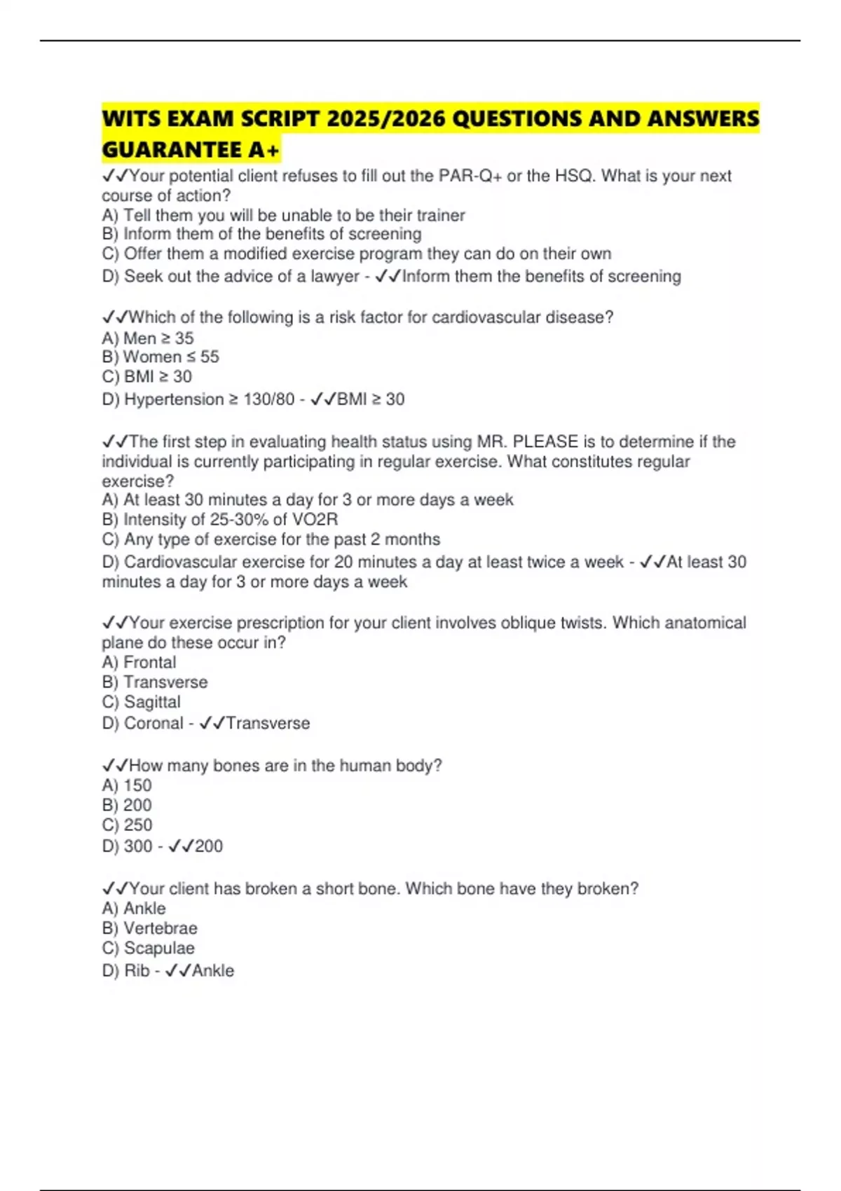 WITS EXAM SCRIPT 2025/2026 QUESTIONS AND ANSWERS GUARANTEE A+ - WITS ...