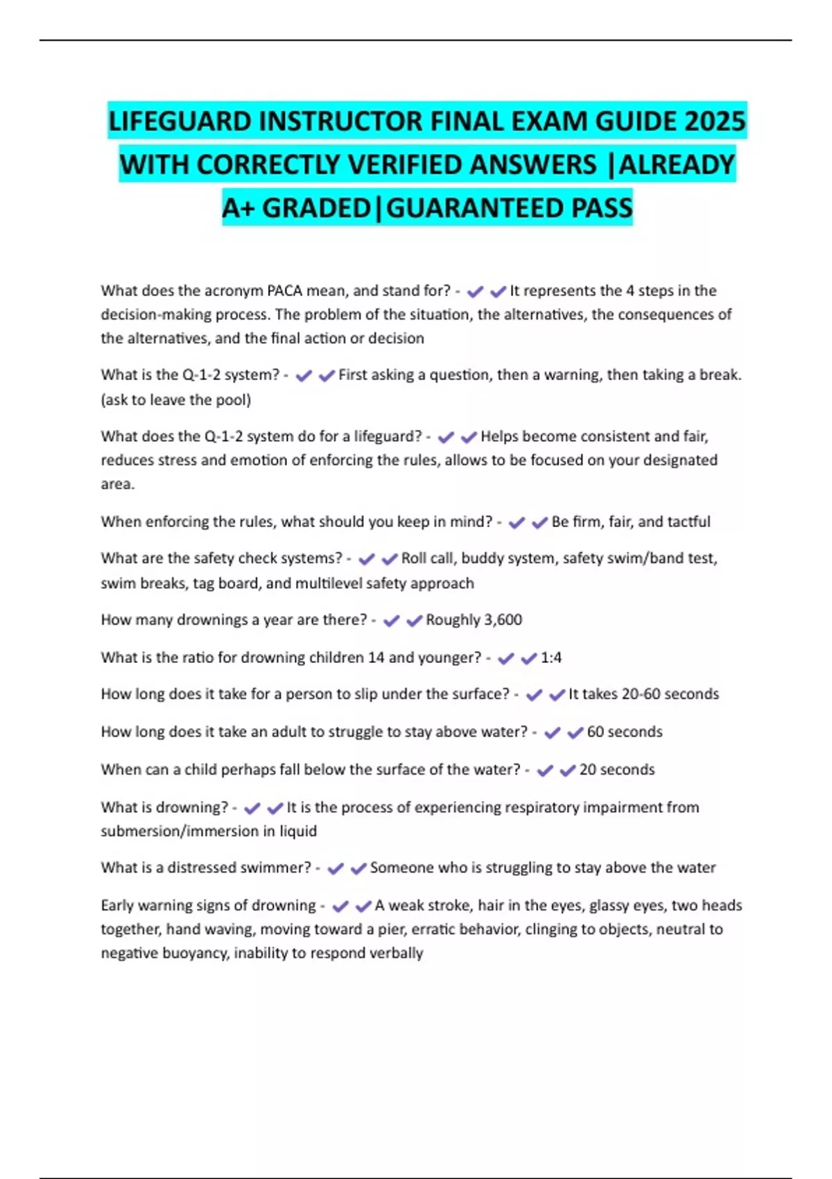 LIFEGUARD INSTRUCTOR FINAL EXAM GUIDE 2025 WITH CORRECTLY VERIFIED ...