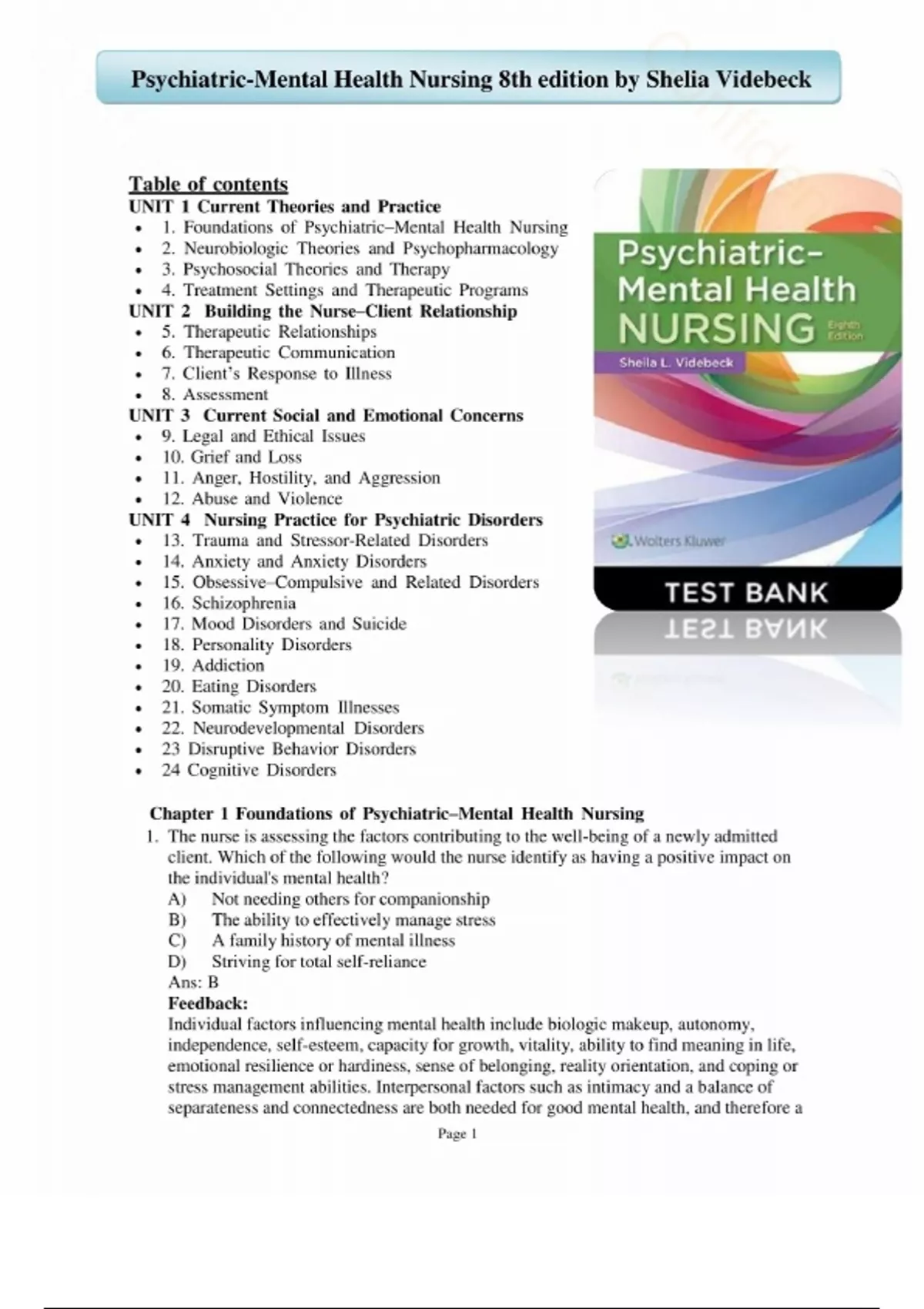 TEST BANK for Psychiatric-Mental Health Nursing 8th edition by VIDEBECK ...