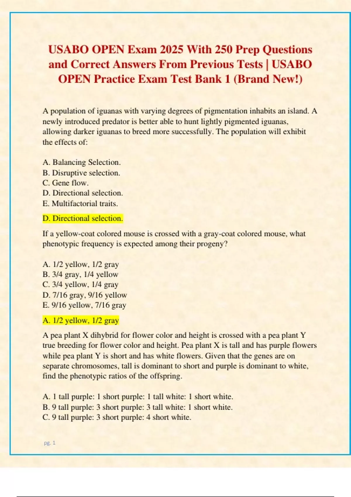 USABO OPEN Exam 2025 With 250 Prep Questions and Correct Answers From ...