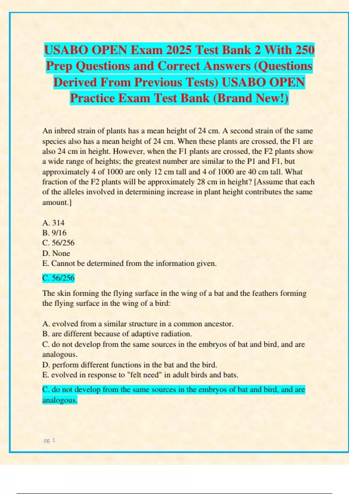 USABO OPEN Exam 2025 Test Bank 2 With 250 Prep Questions and Correct ...