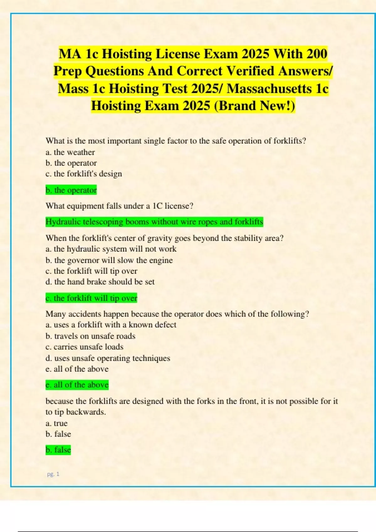 MA 1c Hoisting License Exam 2025 With 200 Prep Questions And Correct ...