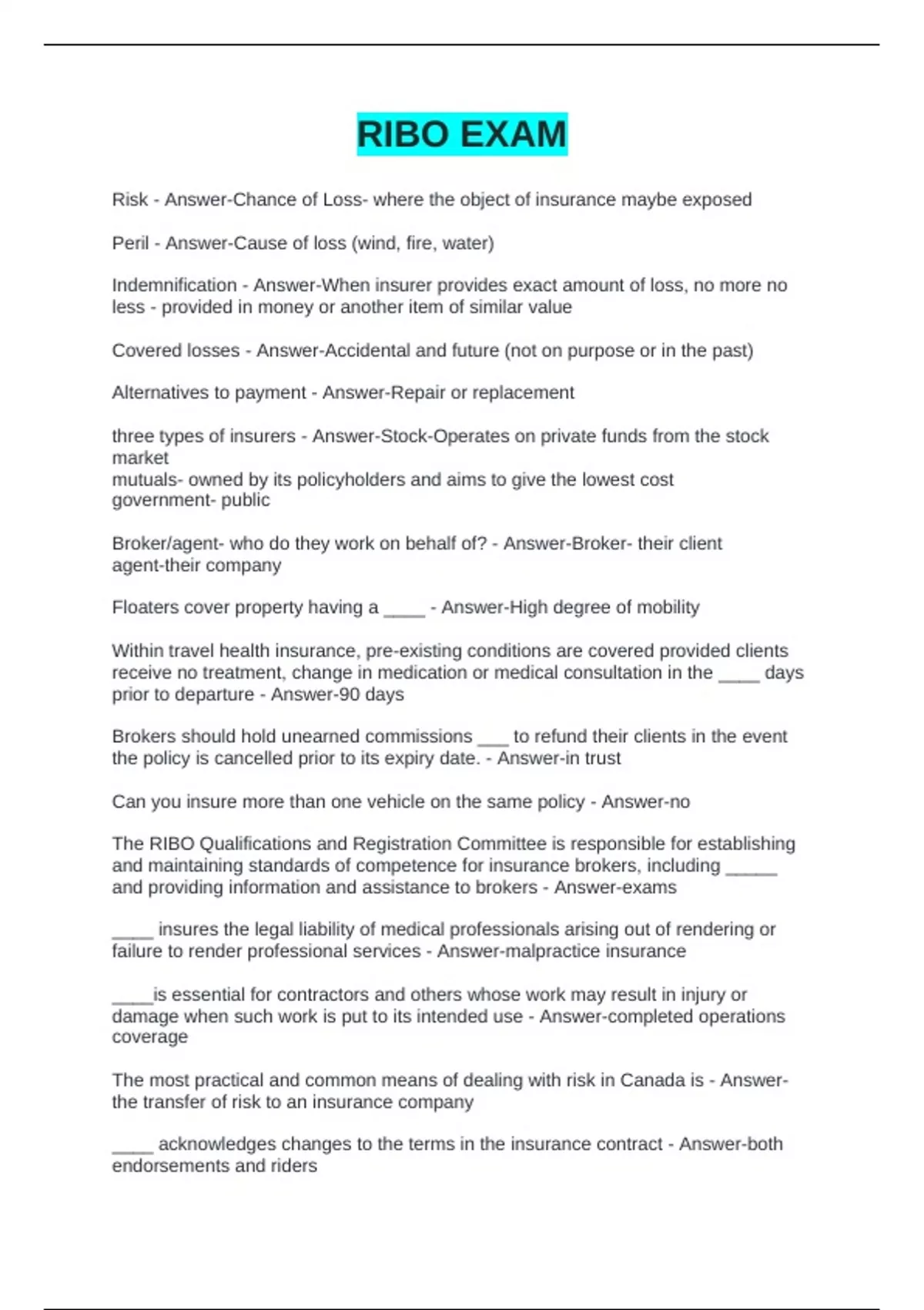 RIBO EXAM QUESTIONS AND ANSWERS - RIBO - Stuvia US