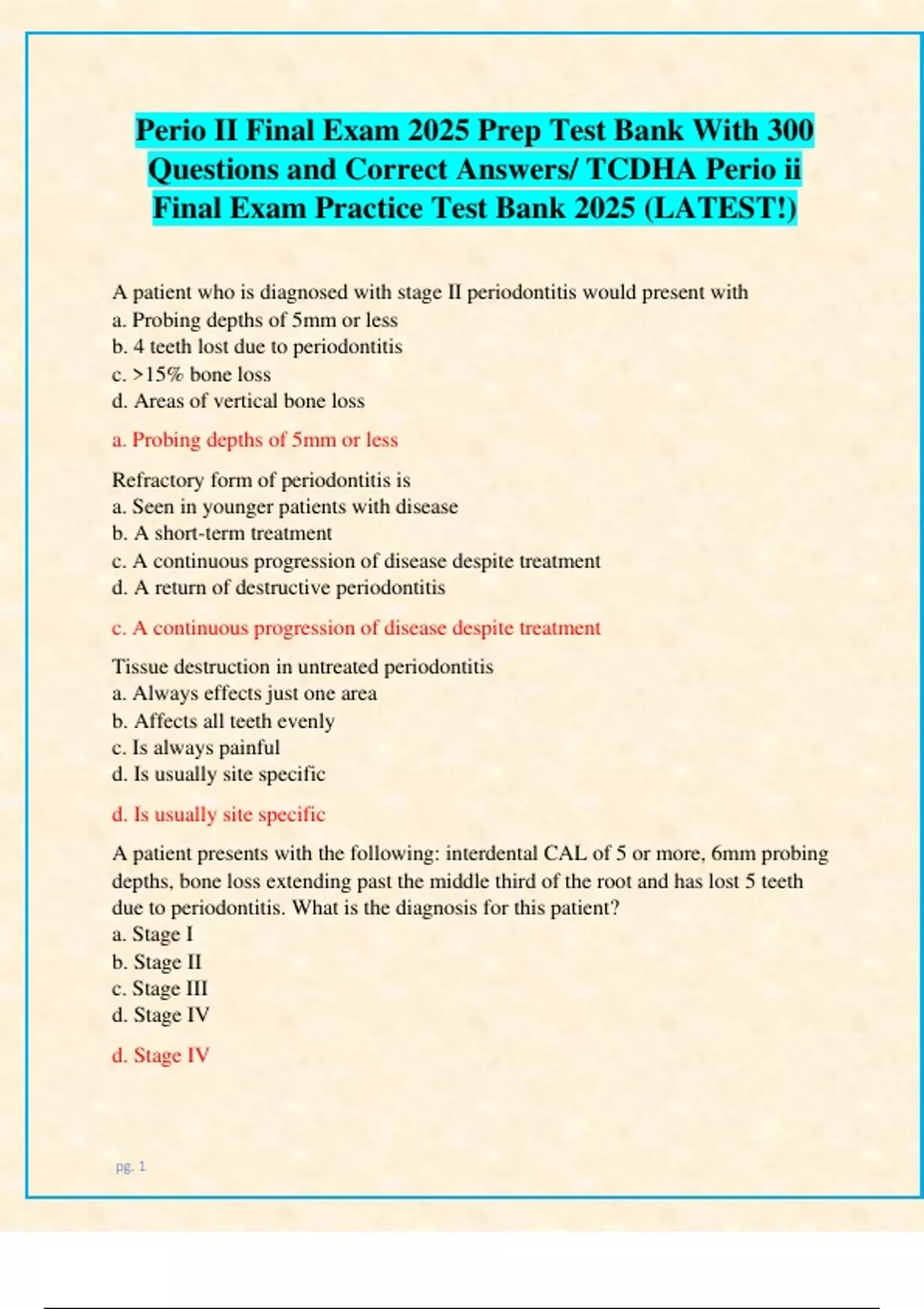 Perio II Final Exam 2025 Prep Test Bank With 300 Questions and Correct ...