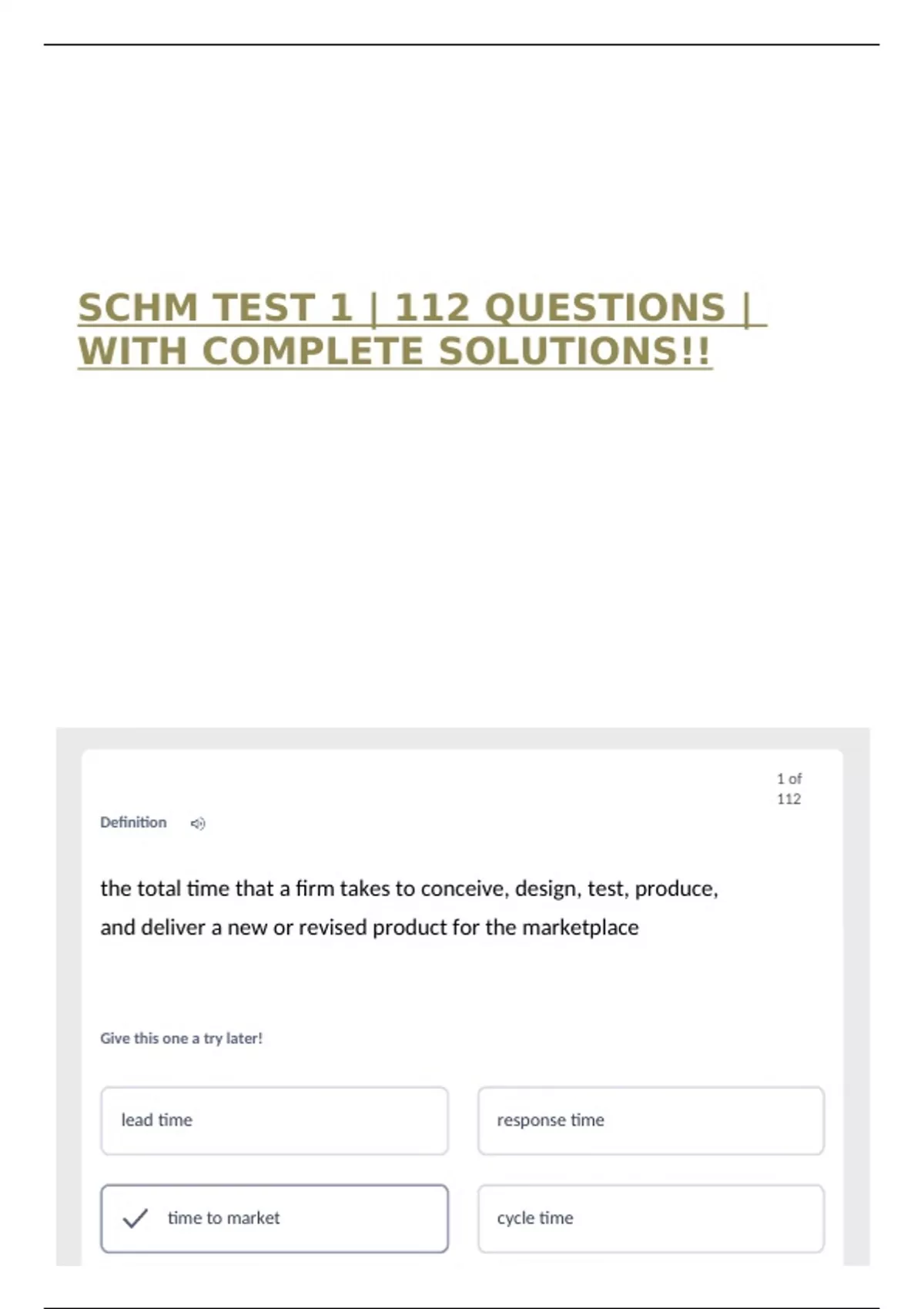 SCHM TEST 1 | 112 QUESTIONS | WITH COMPLETE SOLUTIONS!! - SCHM - Stuvia US