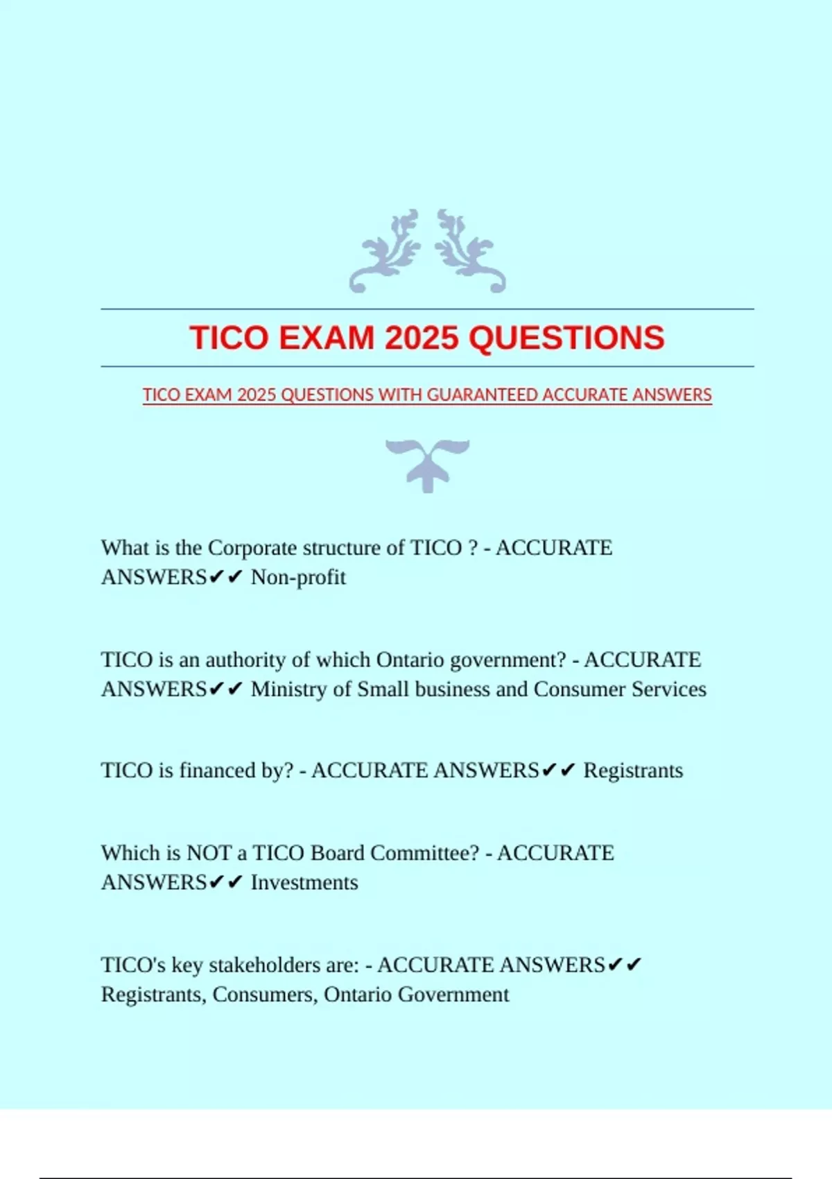 TICO EXAM 2025 QUESTIONS WITH GUARANTEED ACCURATE ANSWERS - Tico - Stuvia US