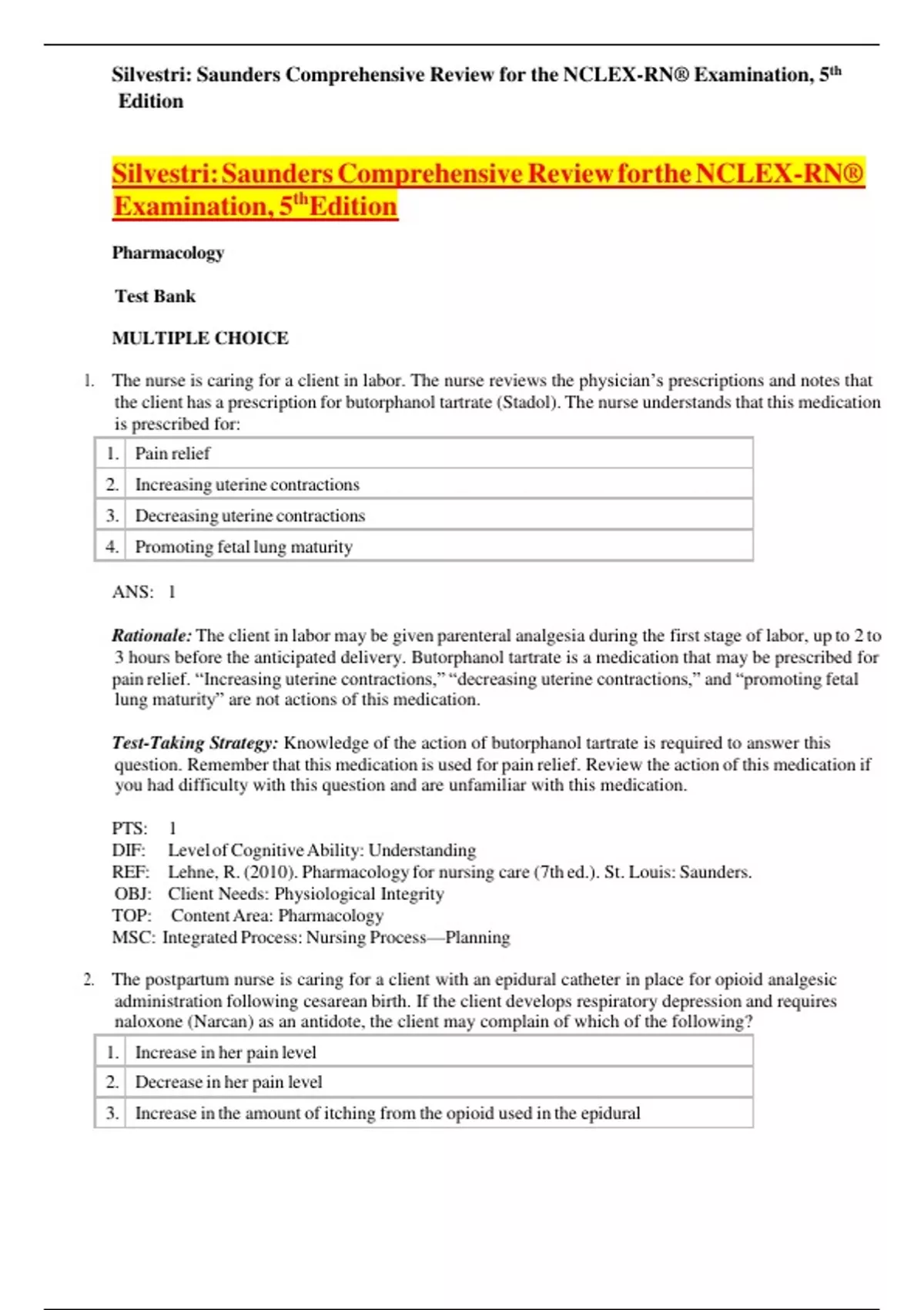 Test Bank for Saunders Comprehensive Review for the NCLEX-RN ...