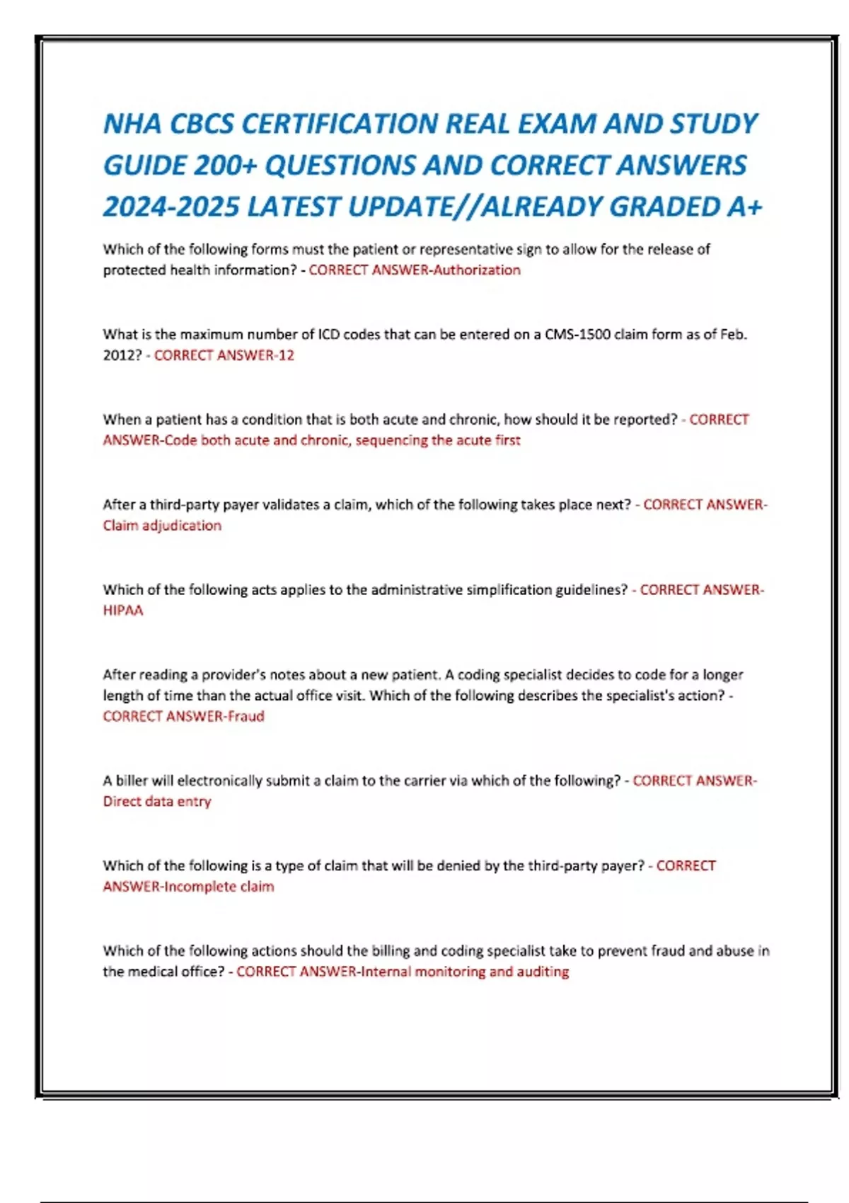 NHA CBCS CERTIFICATION REAL EXAM AND STUDY GUIDE 200+ QUESTIONS AND ...