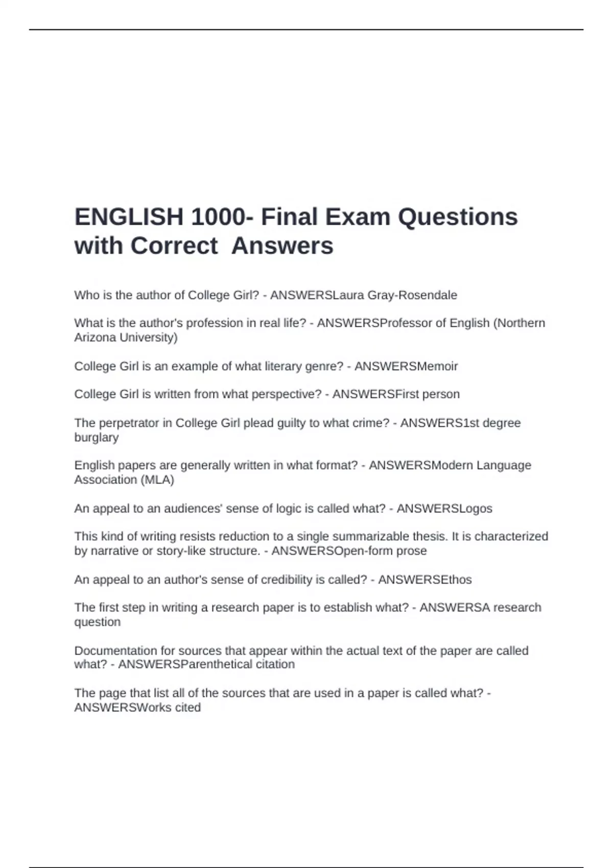 ENGLISH 1000- Final Exam Questions with Correct Answers - ENGLISH 1000 ...