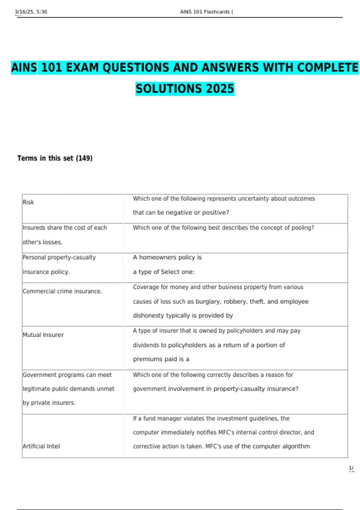 AINS 101 EXAM QUESTIONS AND ANSWERS WITH COMPLETE SOLUTIONS 2025 - AINS ...
