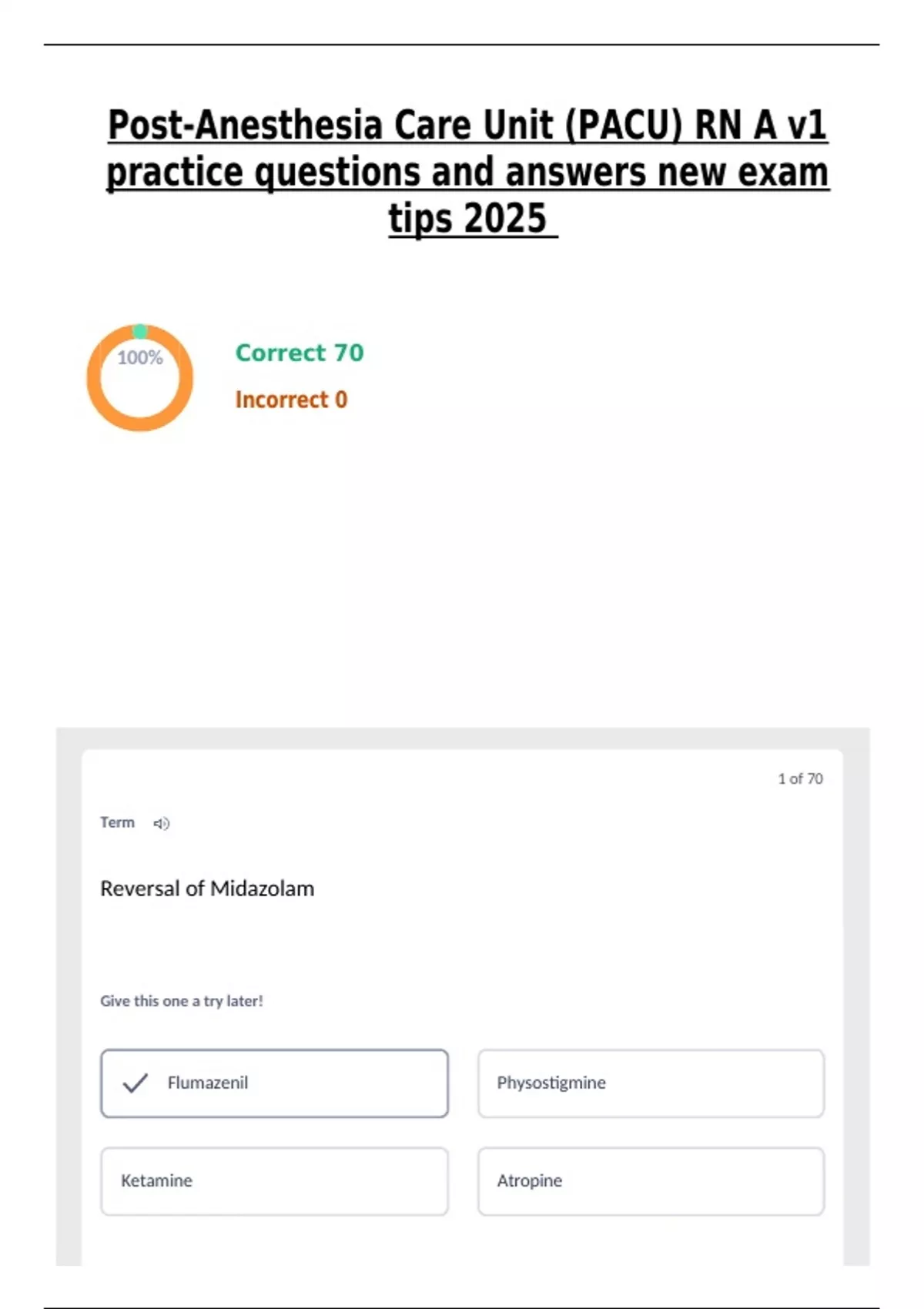 Post-Anesthesia Care Unit (PACU) RN A v1 practice questions and answers ...