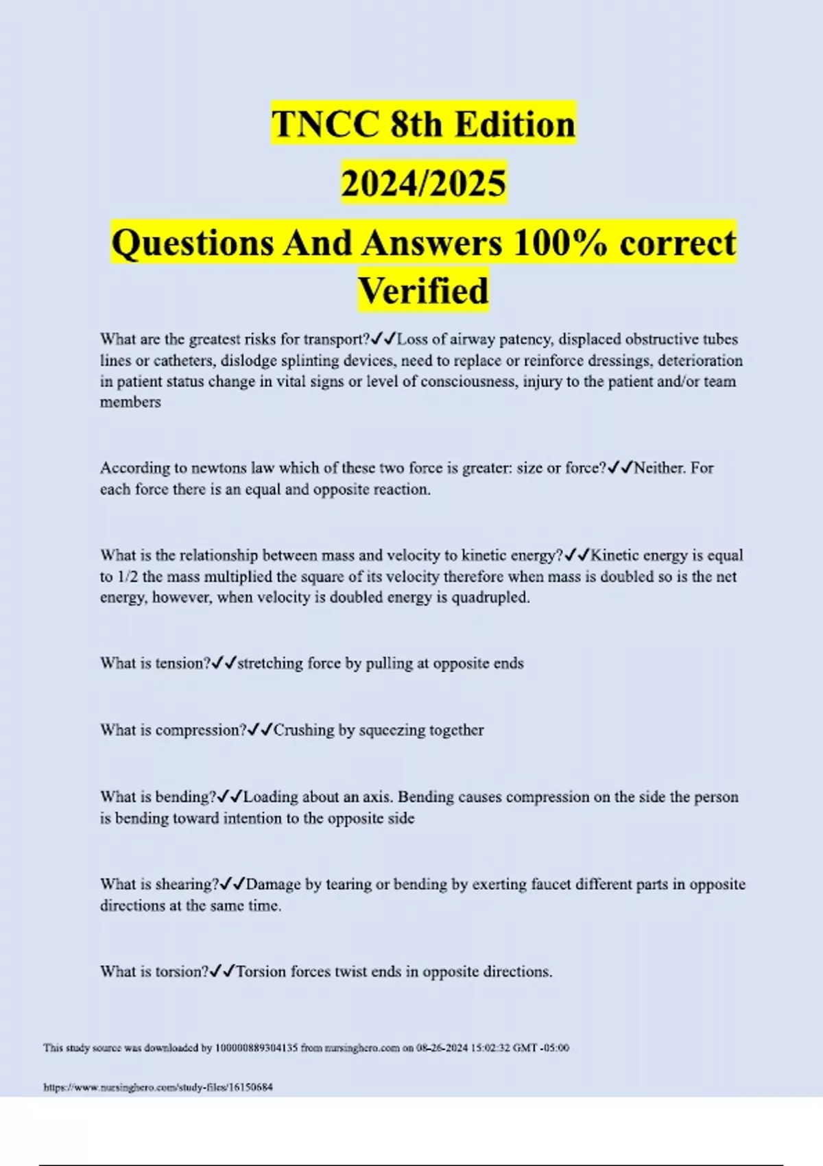 TNCC 8th Edition 2024/ 2025 Questions And Answers - TNCC - Stuvia US