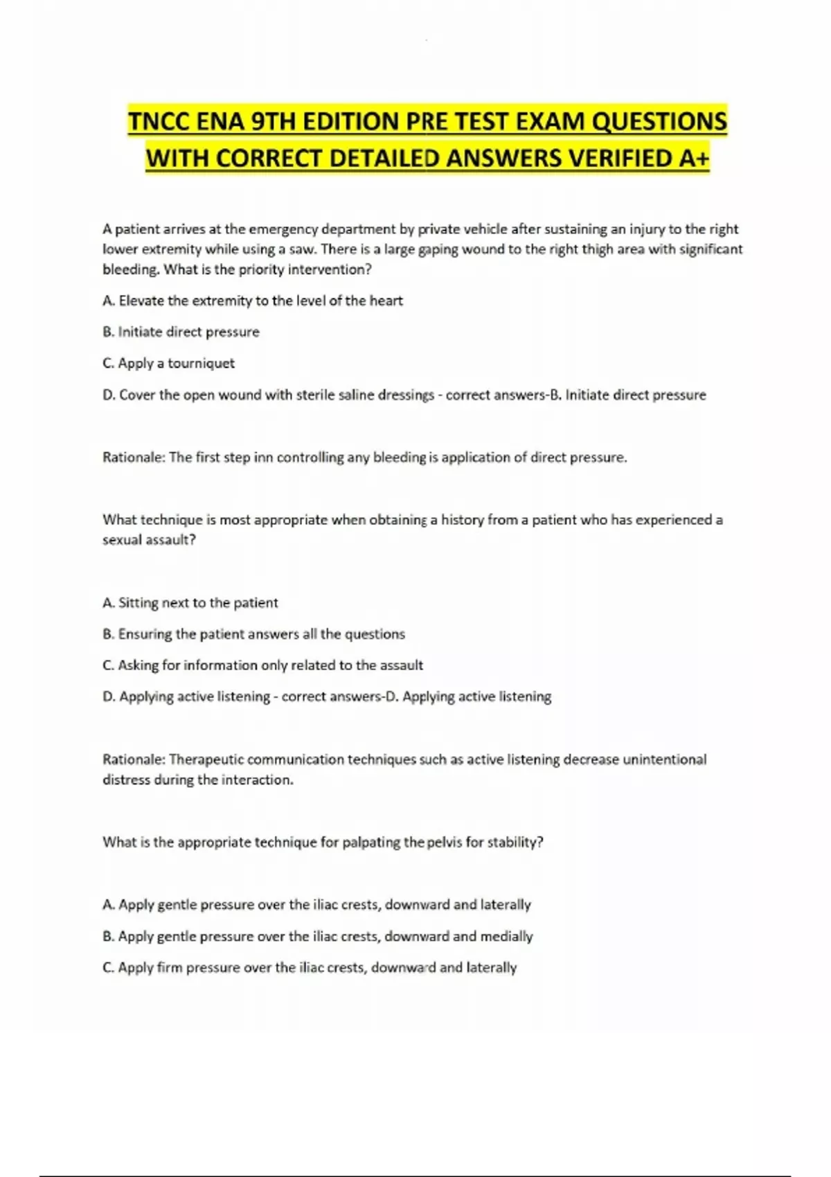 TNCC ENA 9TH EDITION PRE TEST EXAM QUESTIONS WITH CORRECT DETAILED ...