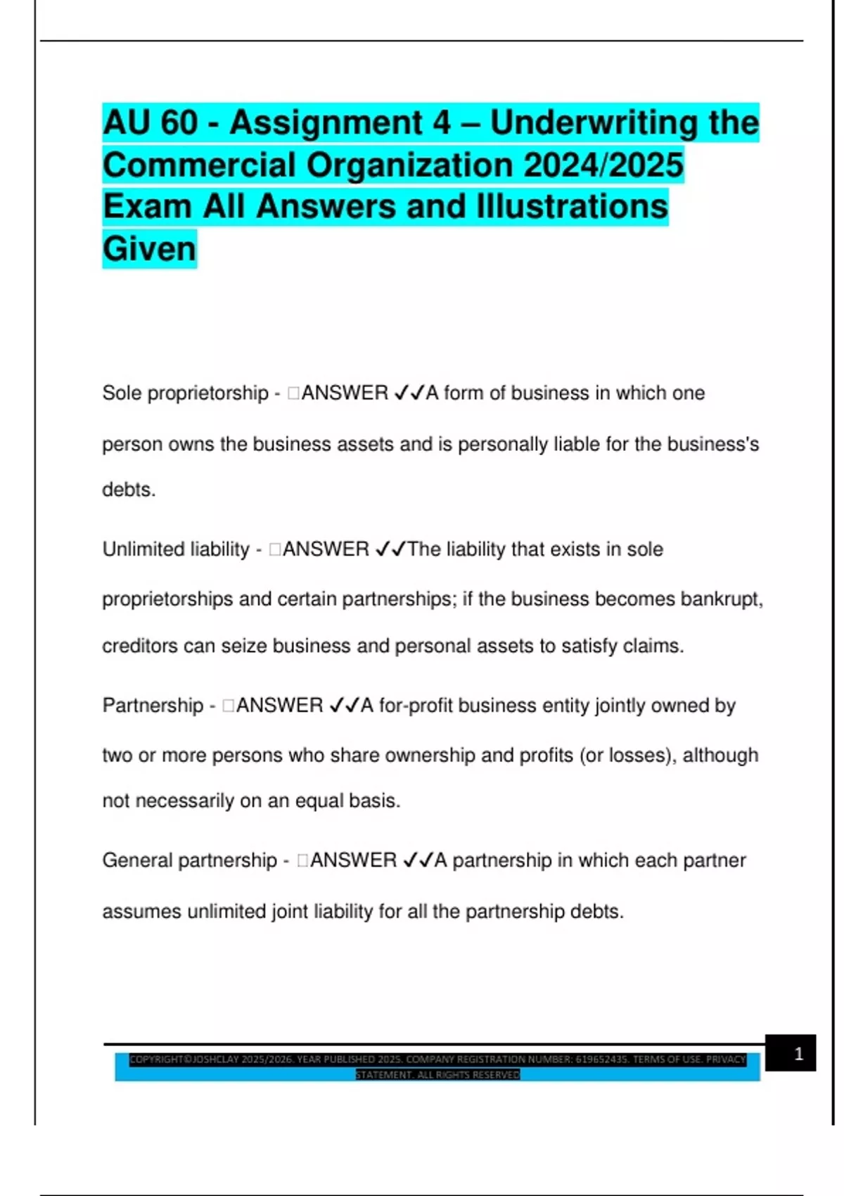 AU 60 - Assignment 4 – Underwriting the Commercial Organization 2024/2025 Exam All Answers and ...