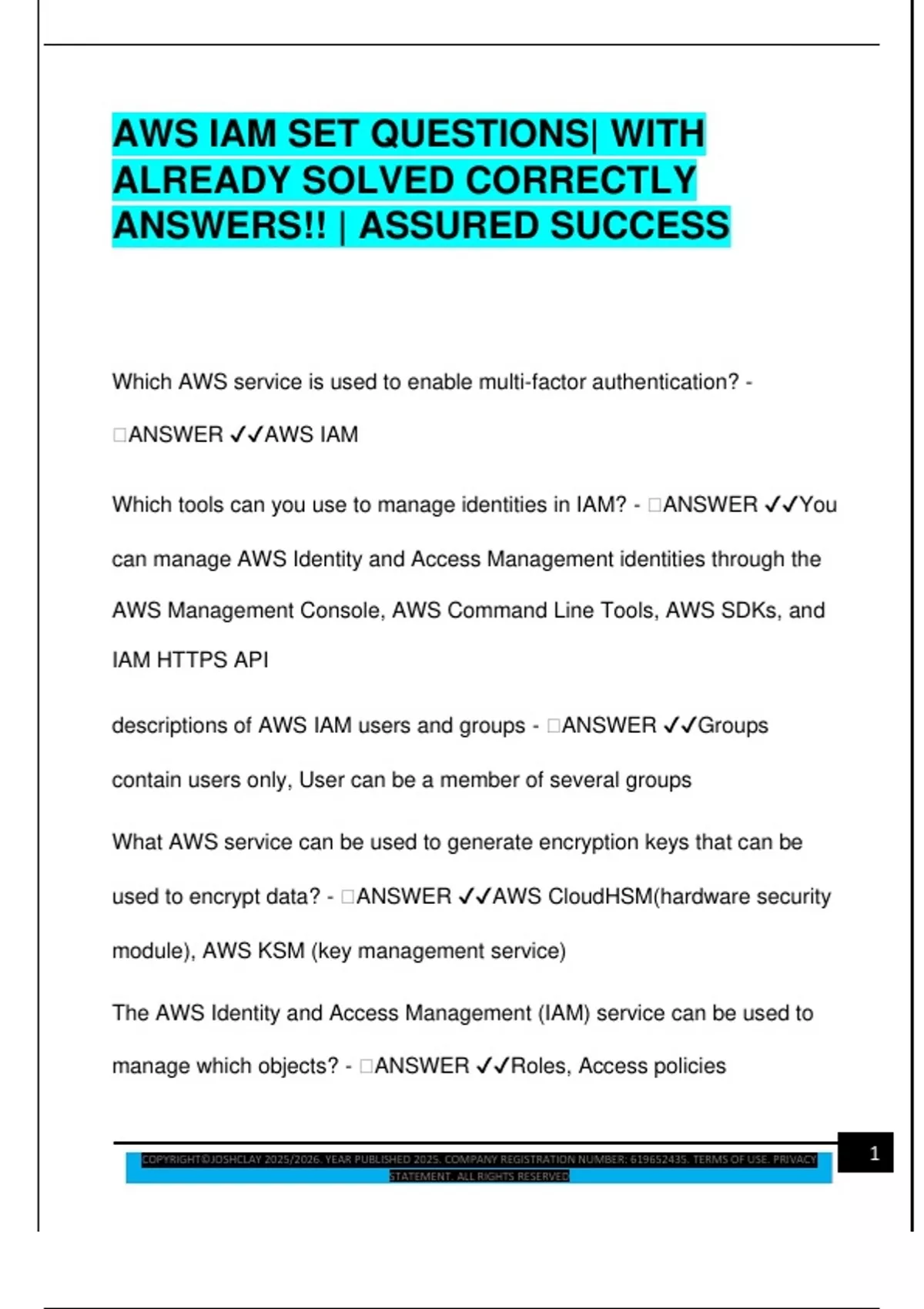 AWS IAM SET QUESTIONS| WITH ALREADY SOLVED CORRECTLY ANSWERS ...
