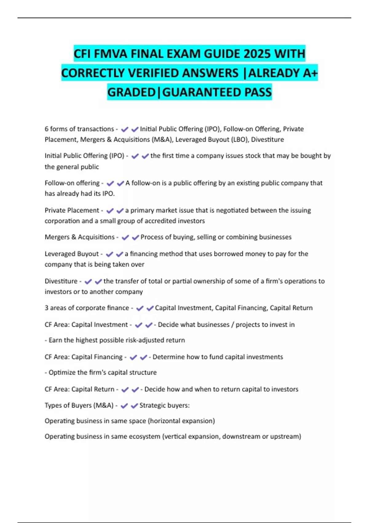 CFI FMVA FINAL EXAM GUIDE 2025 WITH CORRECTLY VERIFIED ANSWERS |ALREADY ...