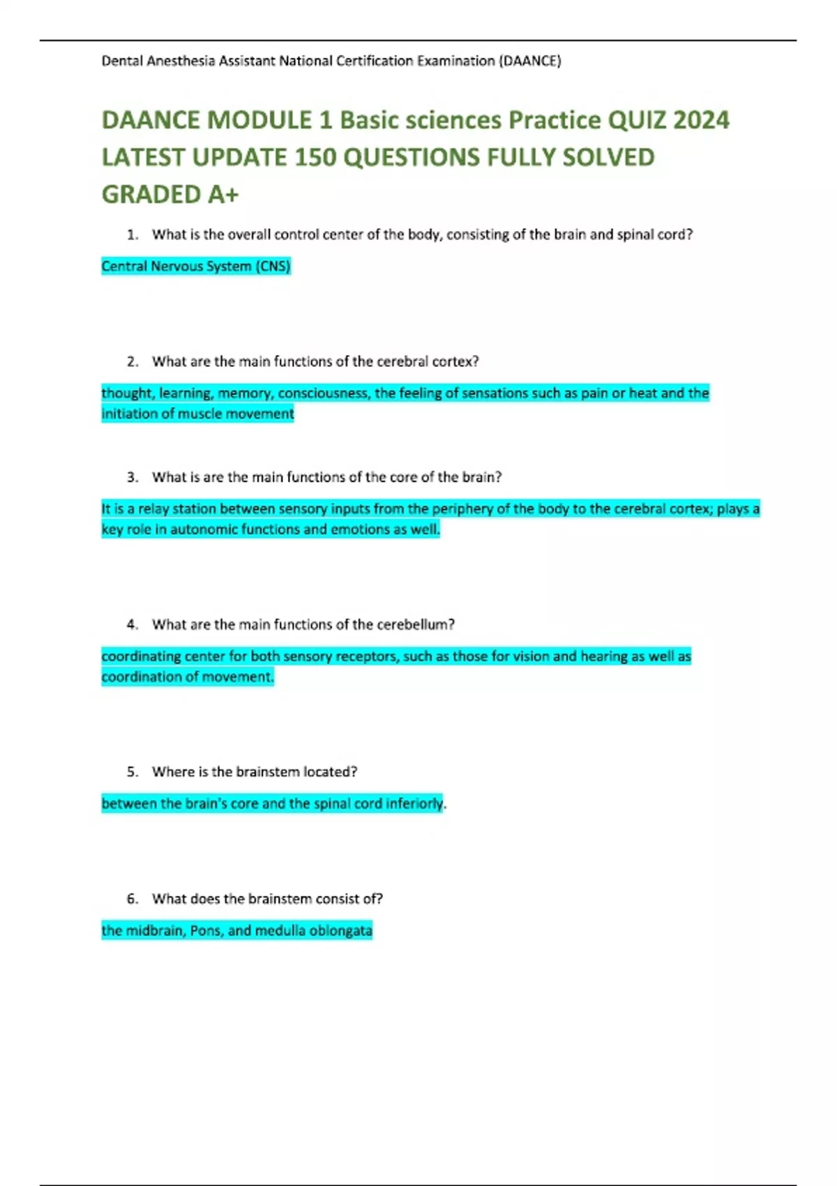 DAANCE MODULE 1 Basic sciences Practice QUIZ LATEST UPDATE 150 ...