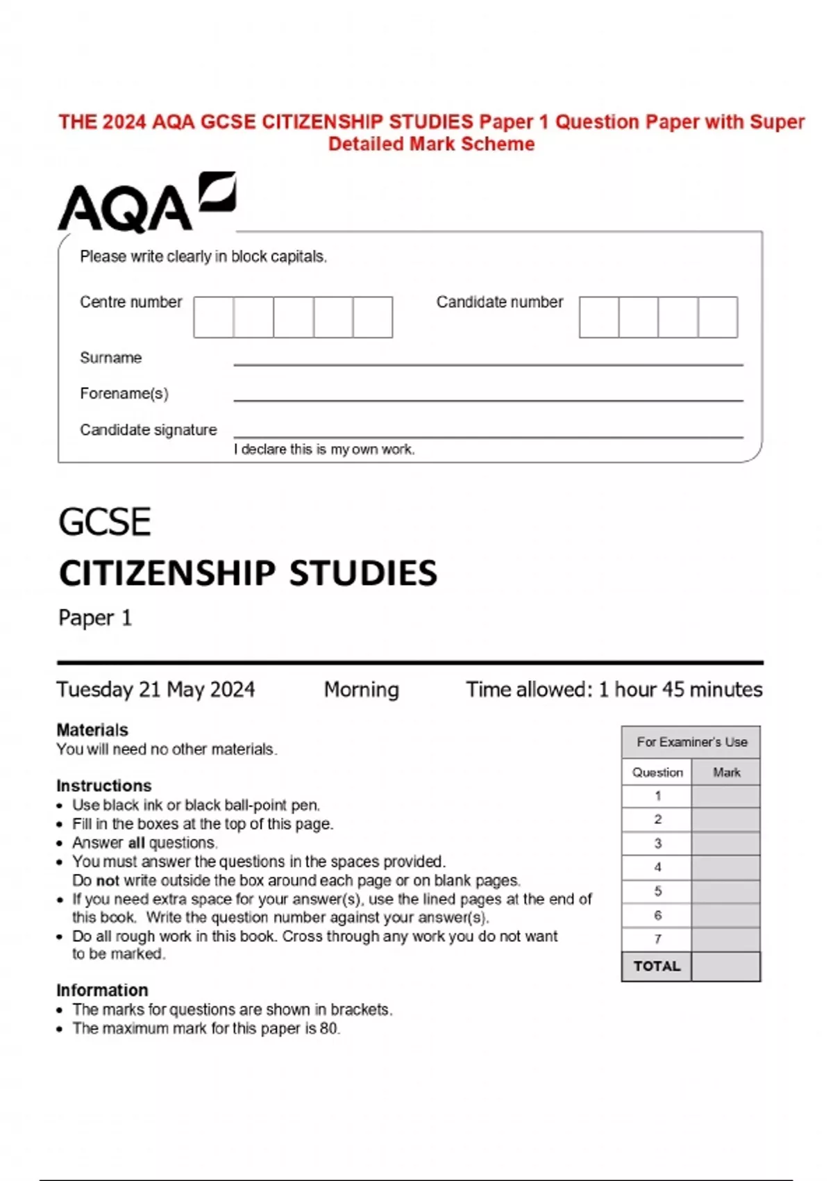 THE 2024 AQA GCSE CITIZENSHIP STUDIES Paper 1 Question Paper with Super ...