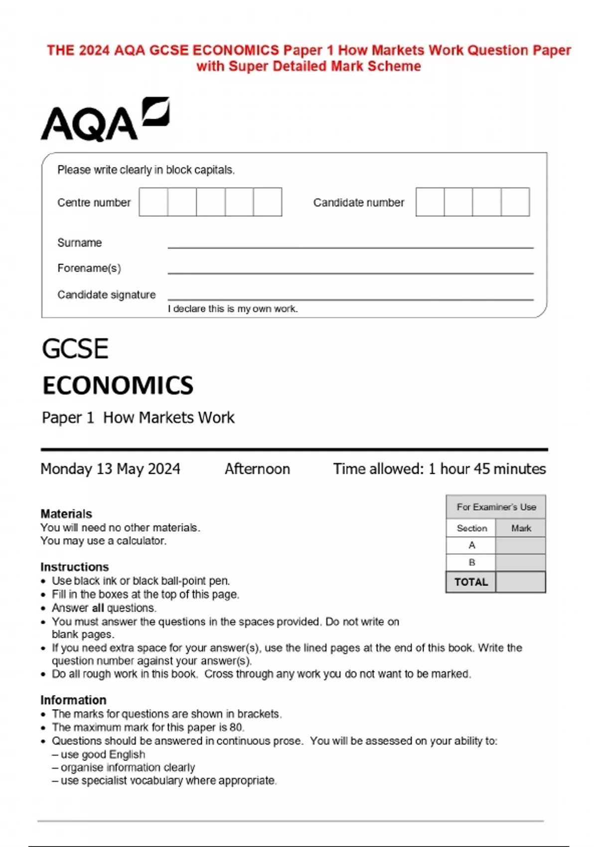 THE 2024 AQA GCSE ECONOMICS Paper 1 How Markets Work Question Paper ...