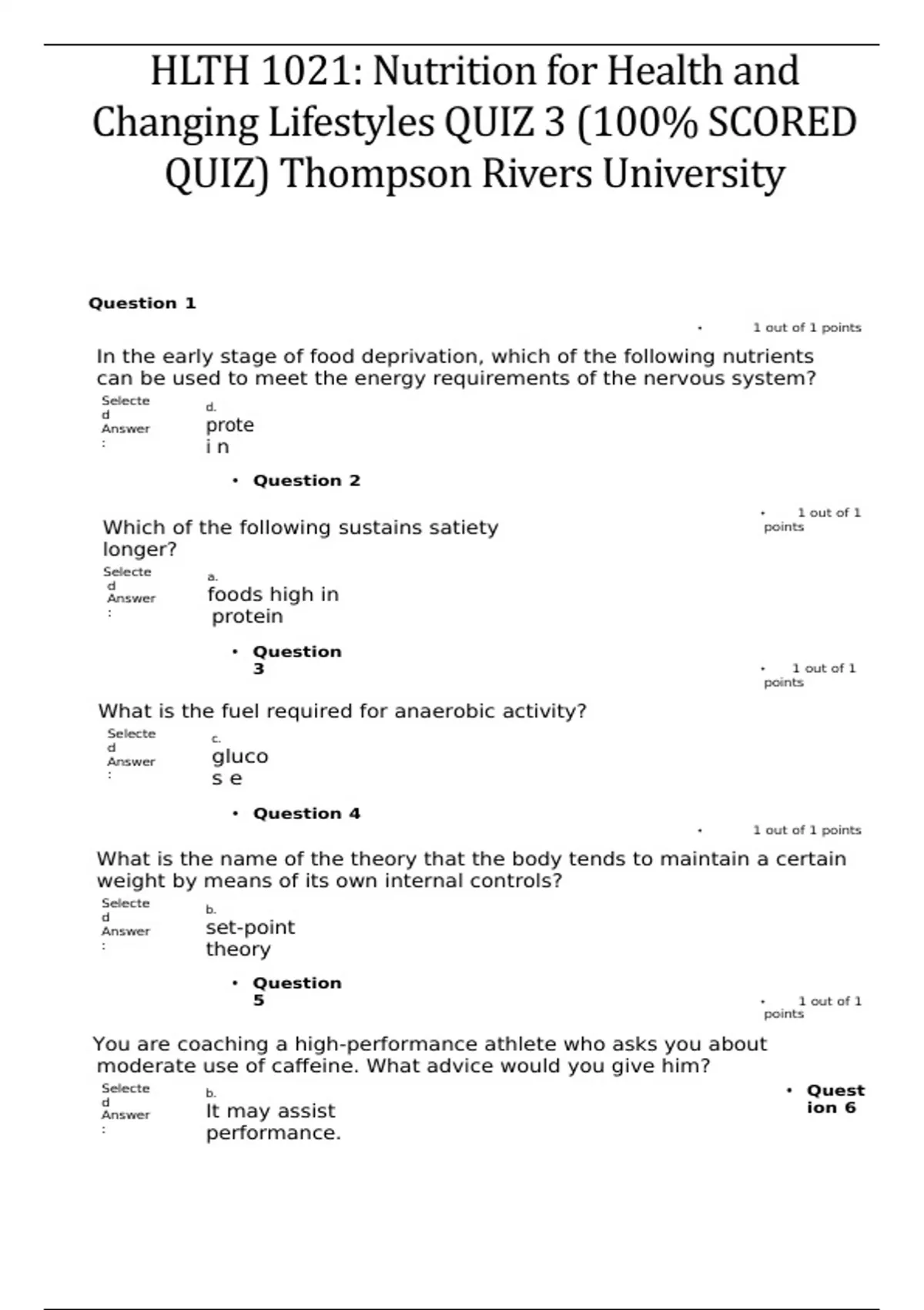 HLTH 1021: Nutrition for Health and Changing Lifestyles QUIZ 3 (100% ...