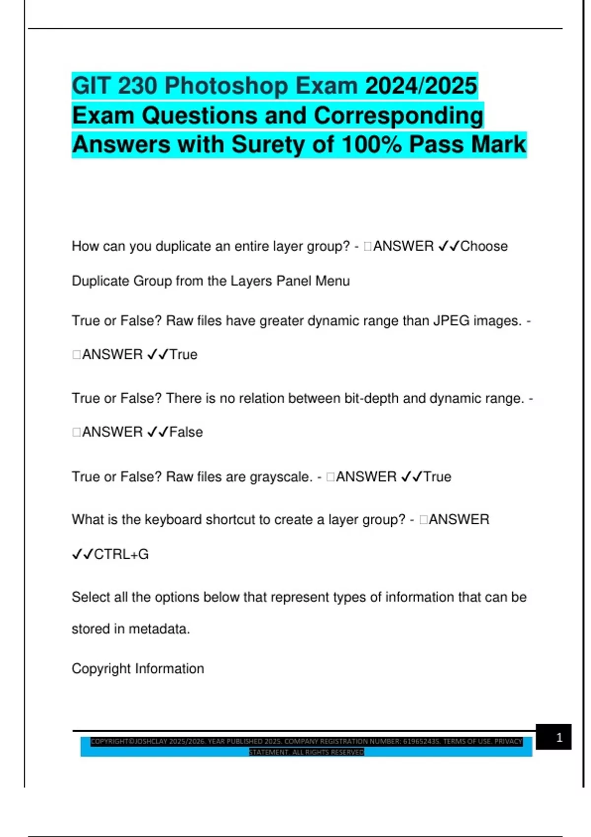 GIT 230 Photoshop Exam 2024/2025 Exam Questions and Corresponding ...