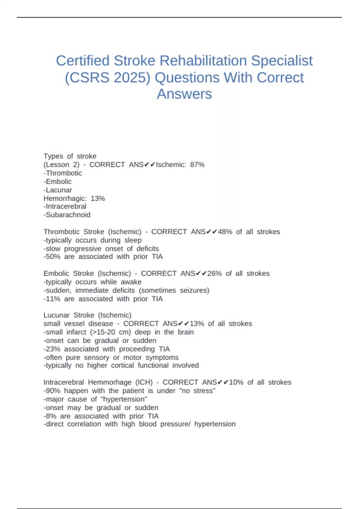 Certified Stroke Rehabilitation Specialist (CSRS 2025) Questions With Correct Answers - CSRS ...