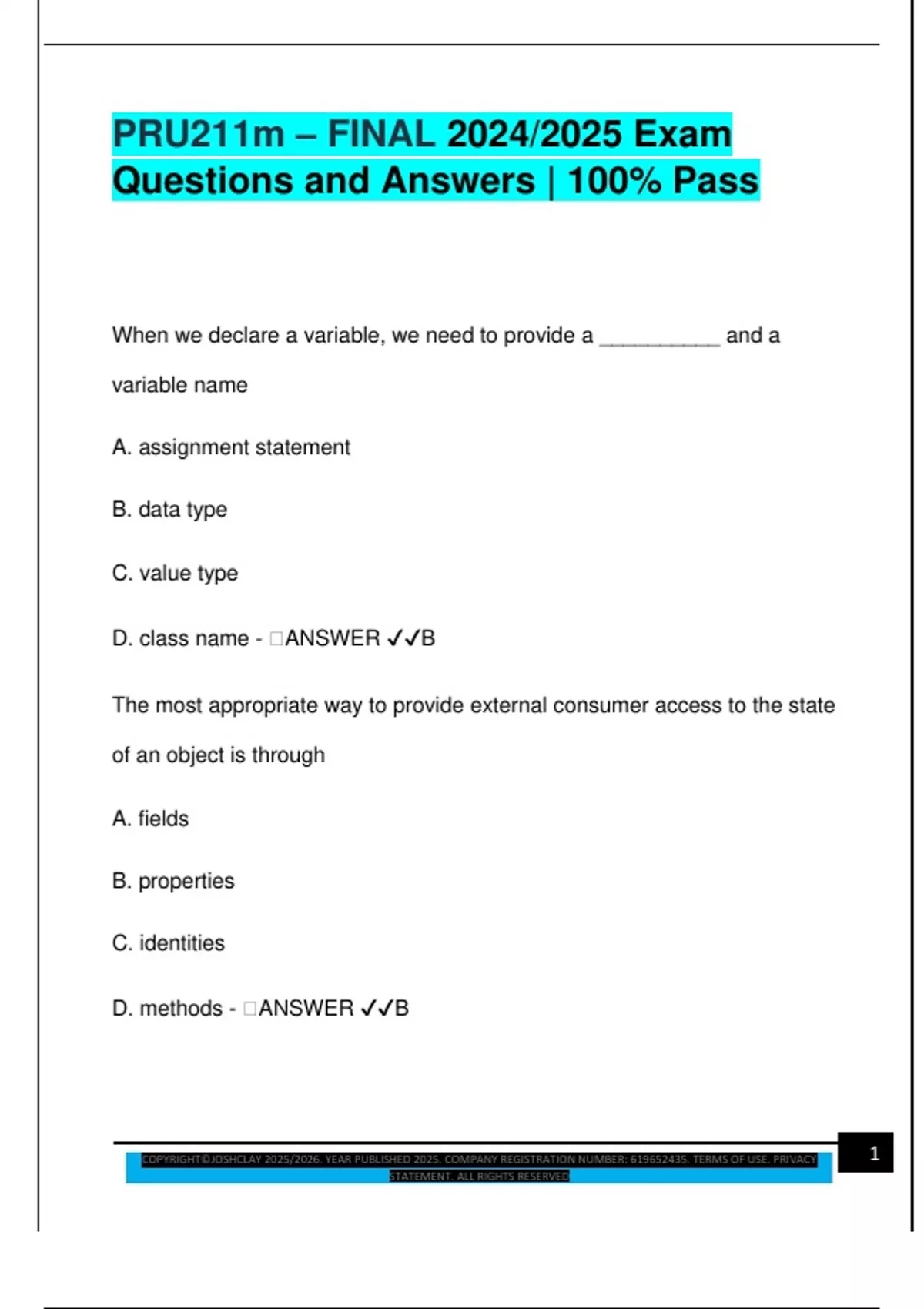 PRU211m – FINAL 2024/2025 Exam Questions and Answers | 100% Pass - PRU211m - Stuvia US