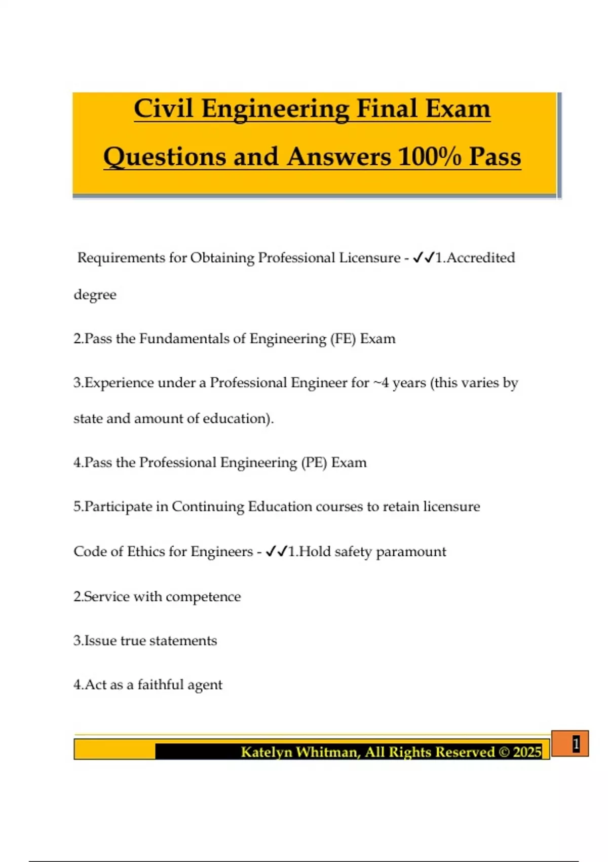 Civil Engineering Final Exam Questions and Answers 100% Pass - FE Civil ...