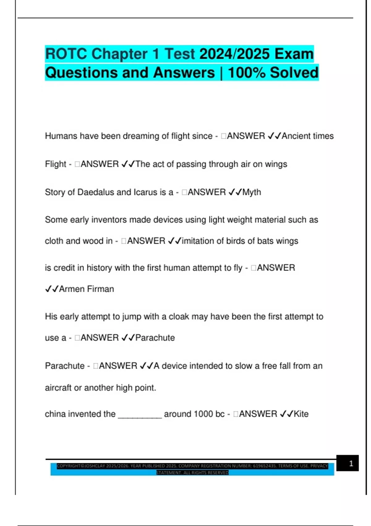 ROTC Chapter 1 Test 2024/2025 Exam Questions and Answers | 100% Solved ...