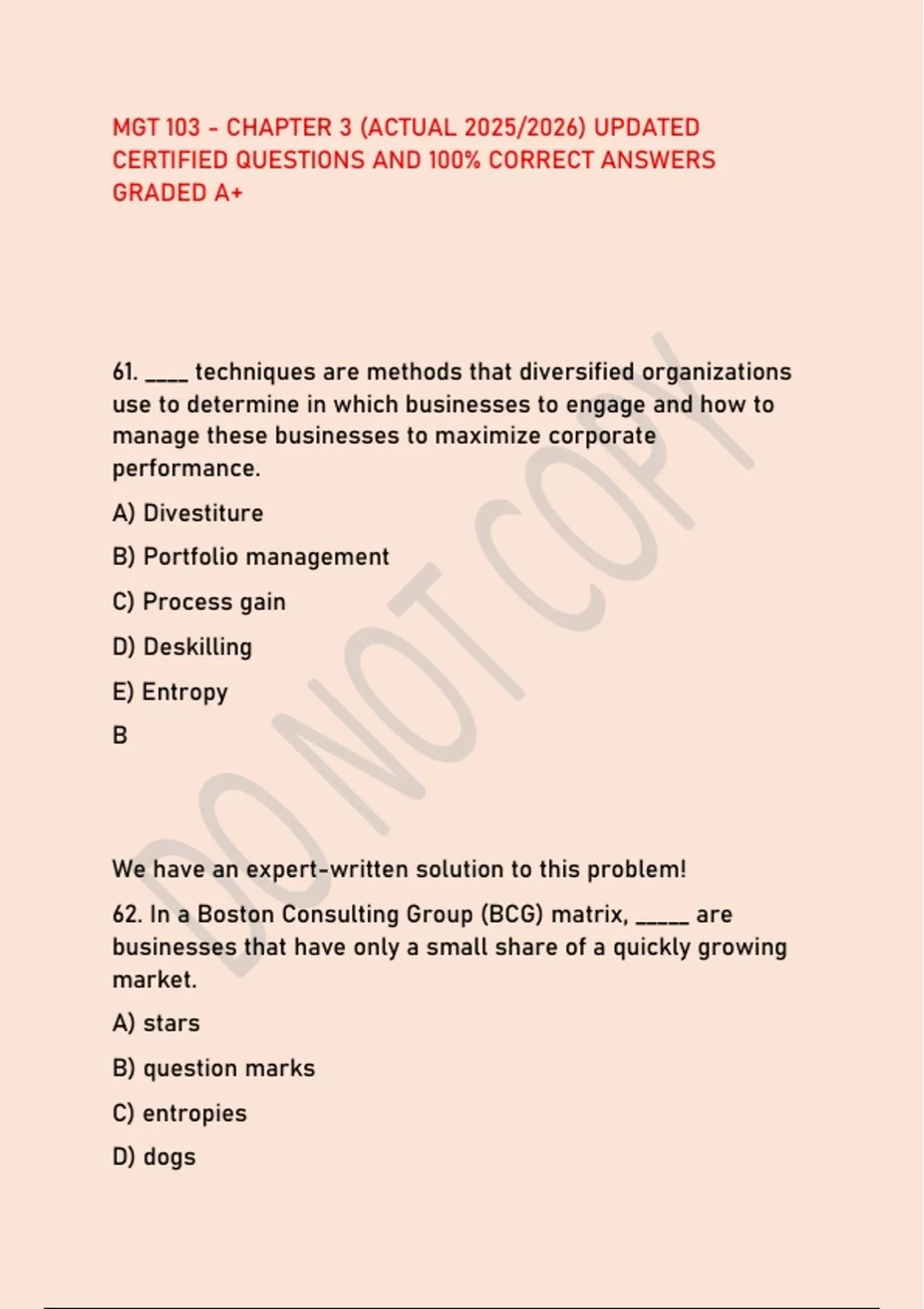 MGT 103 - CHAPTER 3 (ACTUAL 2025/2026) UPDATED CERTIFIED QUESTIONS AND 100% CORRECT ANSWERS ...