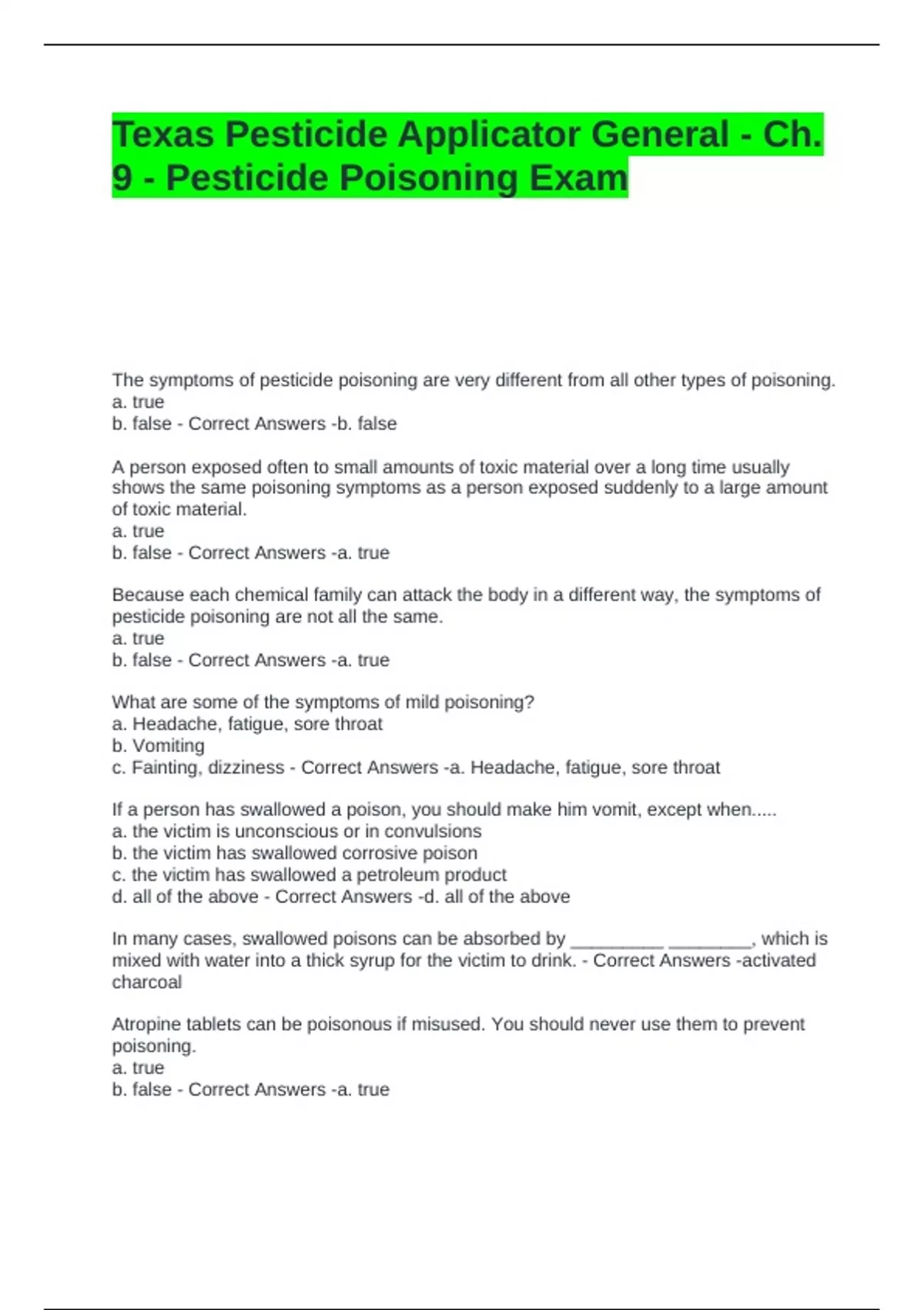 Texas Pesticide Applicator General - Ch. 9 - Pesticide Poisoning Exam ...