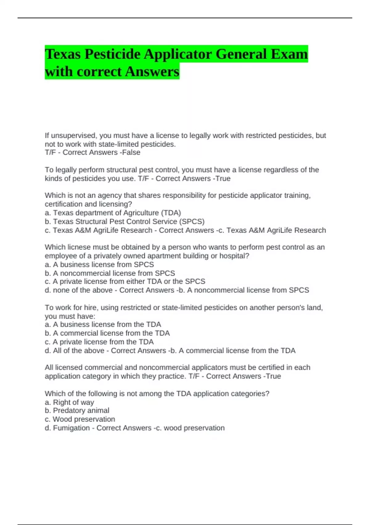 Texas Pesticide Applicator General Exam with correct Answers - Texas ...