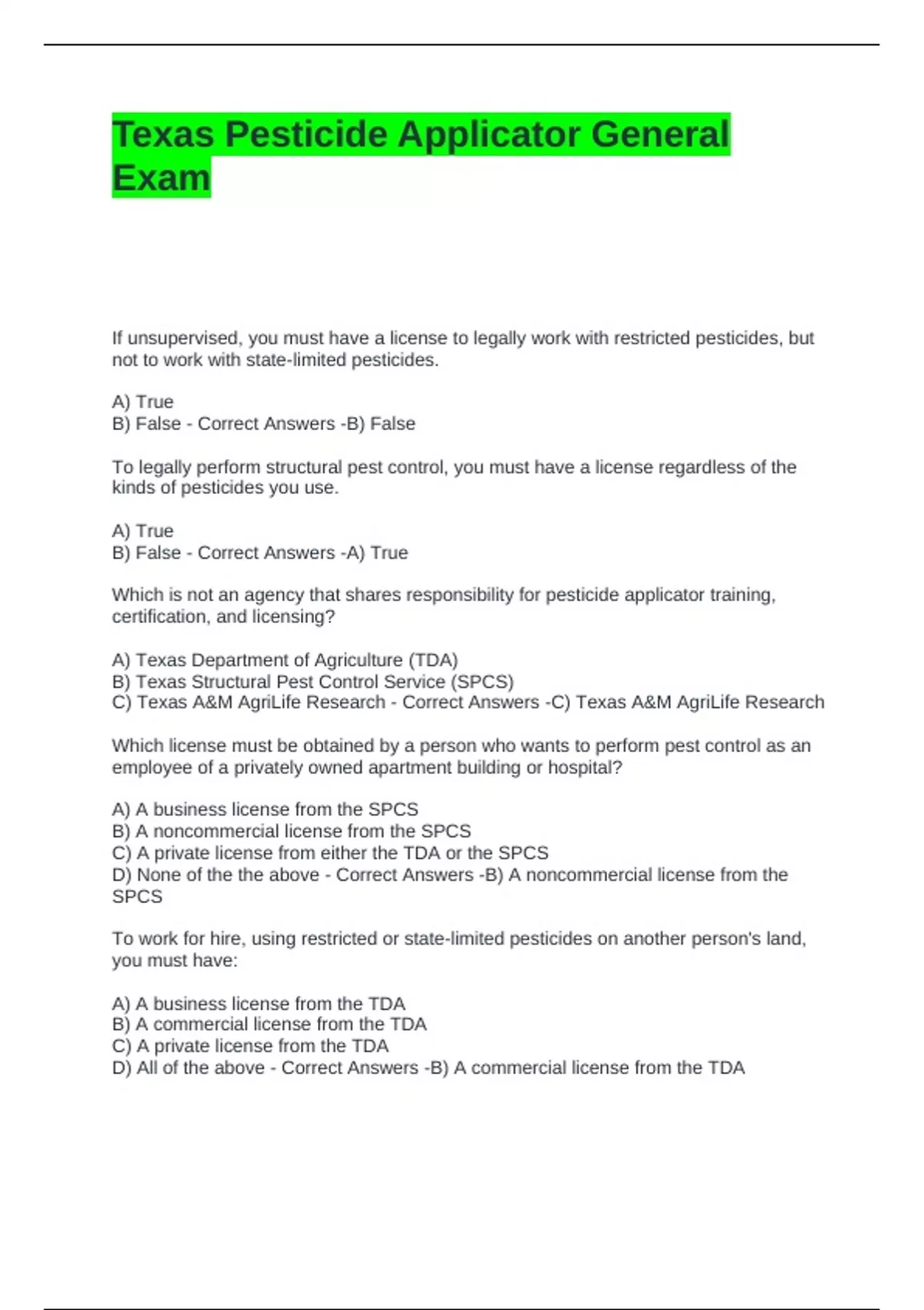 Texas Pesticide Applicator General Exam Questions and Answers with ...