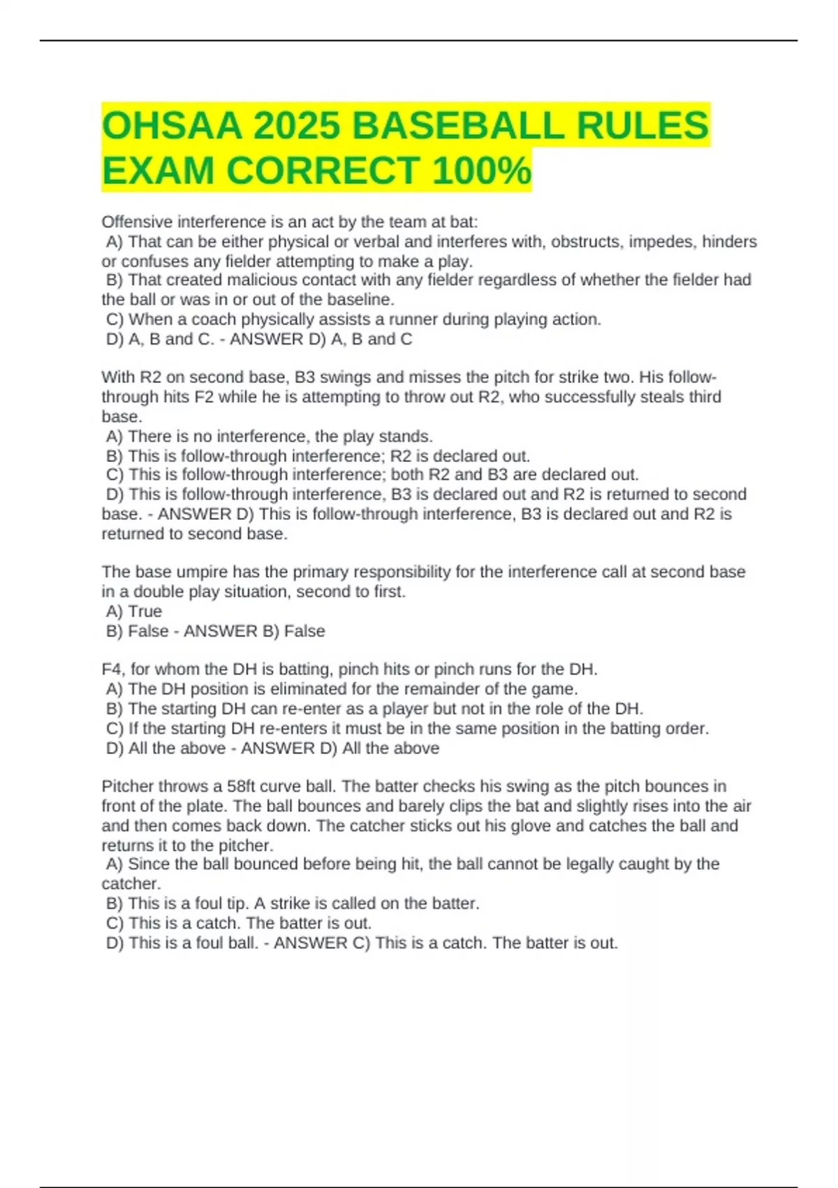 OHSAA 2025 BASEBALL RULES EXAM CORRECT 100% - OHSAA - Stuvia US