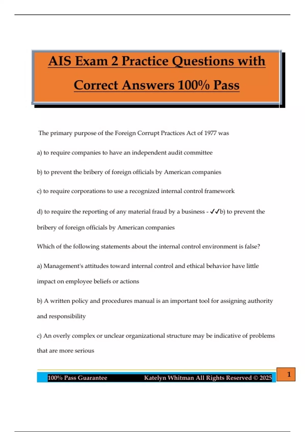 AIS Exam 2 Practice Questions with Correct Answers 100% Pass - AIS ...