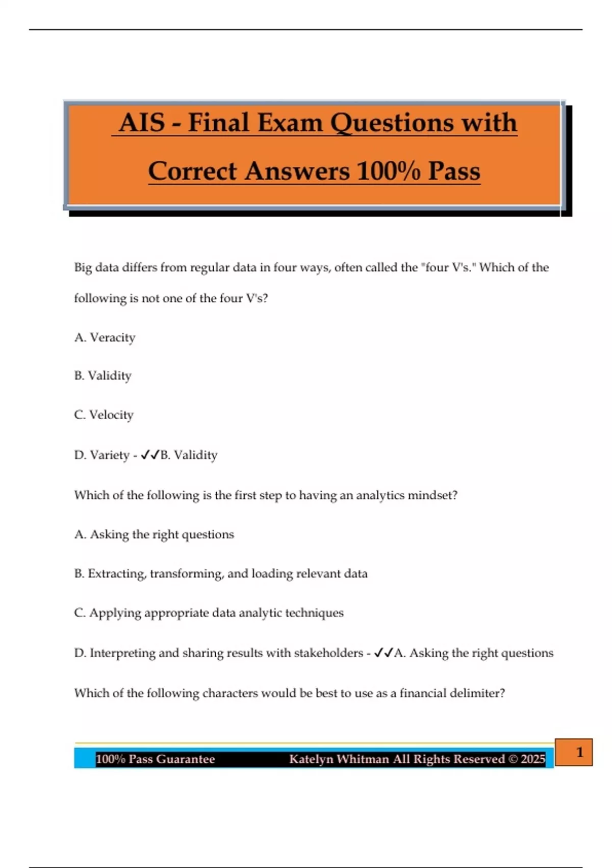 AIS - Final Exam Questions with Correct Answers 100% Pass - AIS - Stuvia US