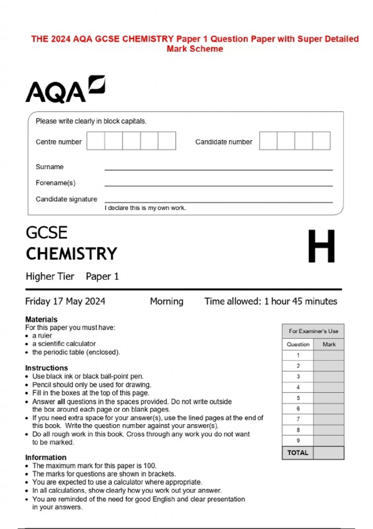 THE 2024 AQA GCSE CHEMISTRY Paper 1 Question Paper with Super Detailed ...