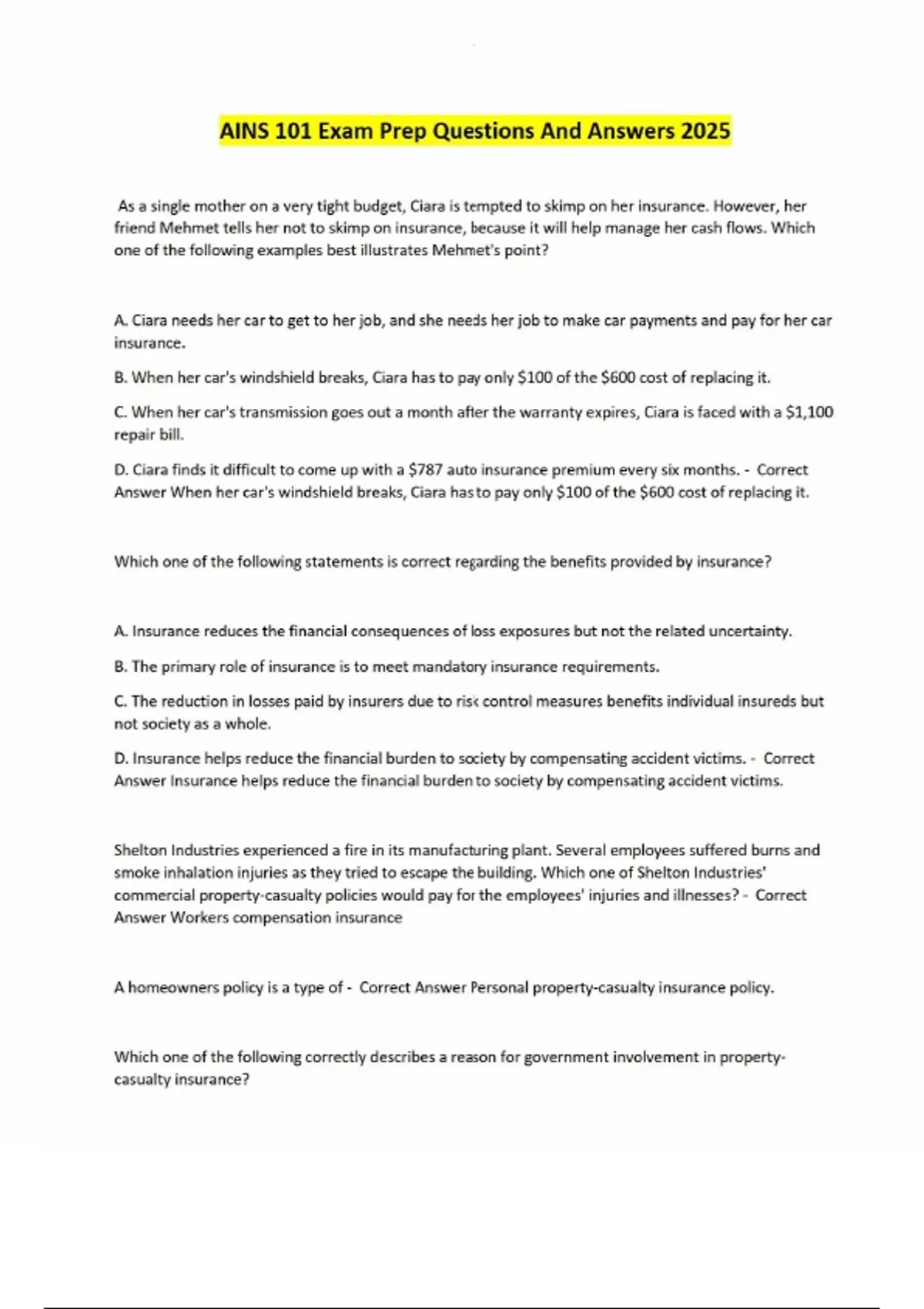 AINS 101 Exam Prep Questions And Answers 2025 - AINS 101 - Stuvia US