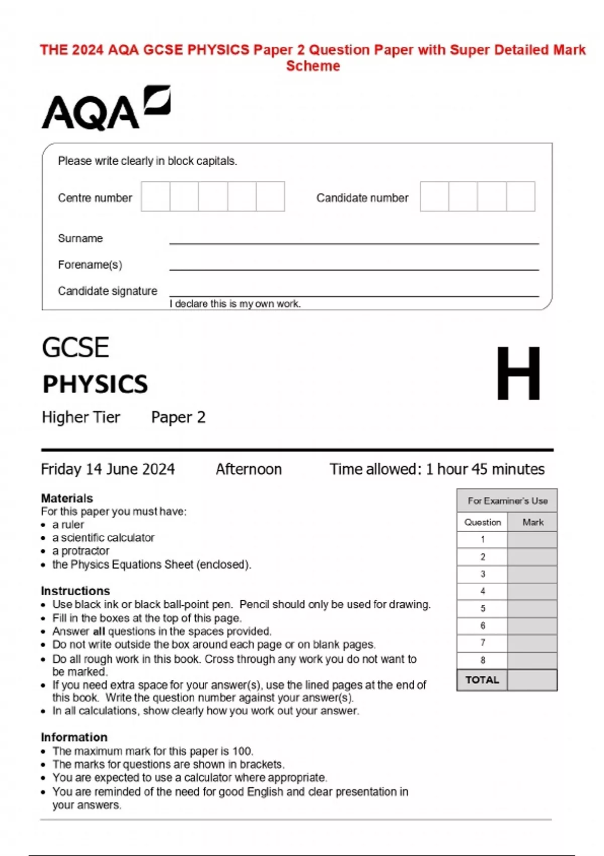 THE 2024 AQA GCSE PHYSICS Paper 2 Question Paper with Super Detailed ...