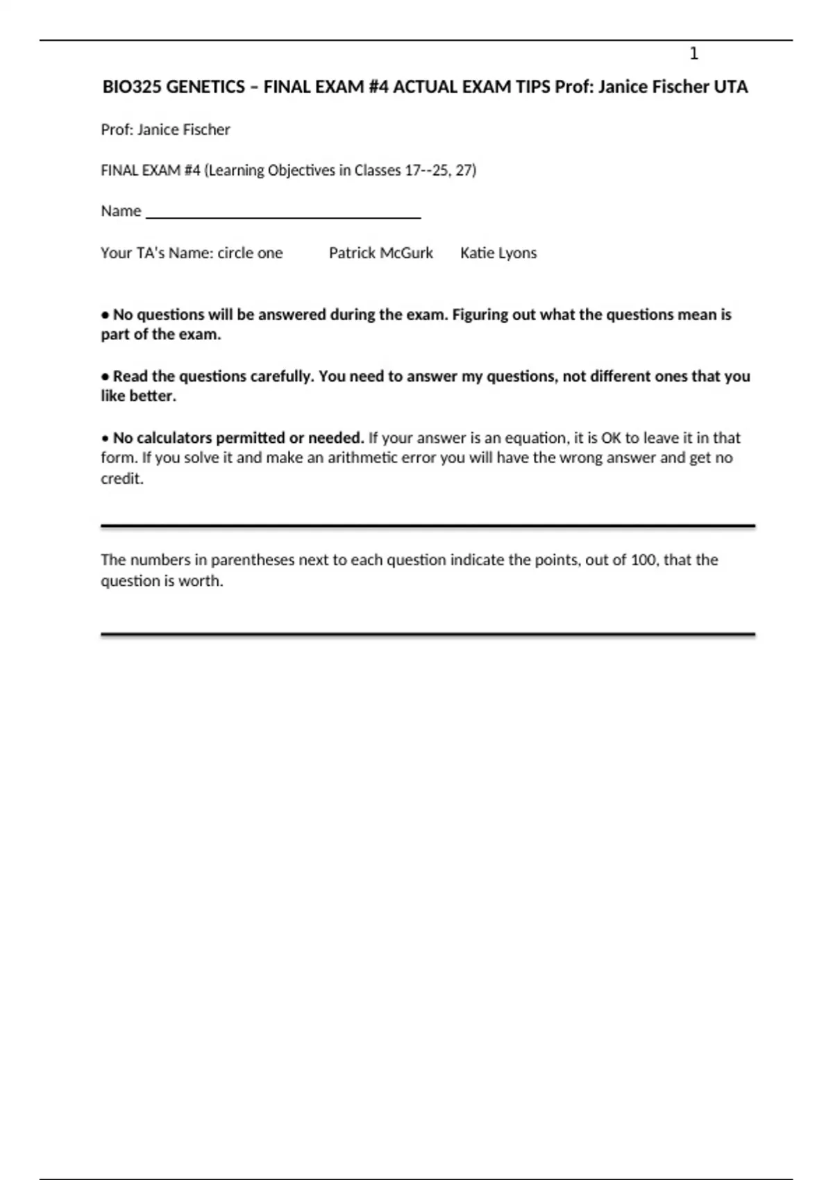 BIO325 GENETICS – FINAL EXAM #4 ACTUAL EXAM TIPS Prof: Janice Fischer ...