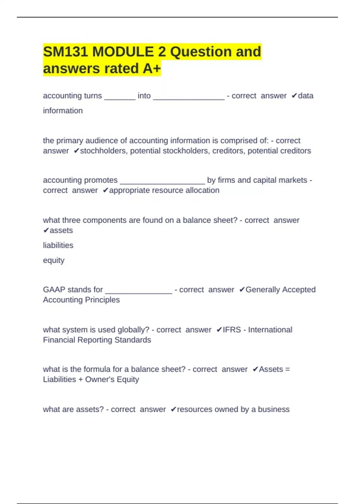 SM131 MODULE 2 Question and answers rated A+ - SM131 MODULE 2 - Stuvia US