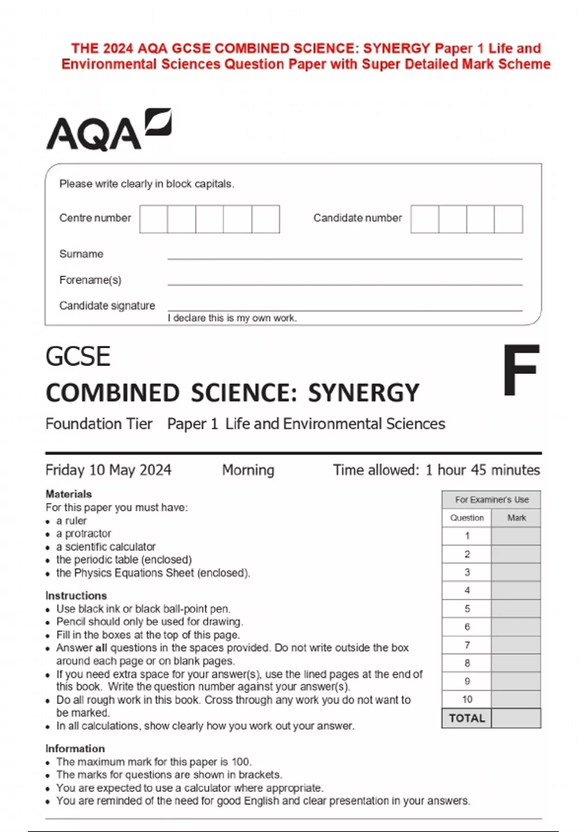 THE 2024 AQA GCSE COMBINED SCIENCE: SYNERGY Paper 1 Life and ...