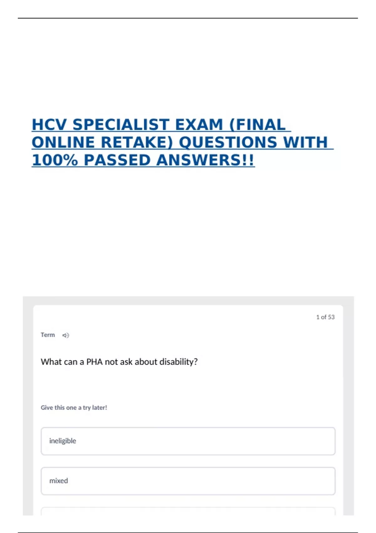 HCV SPECIALIST EXAM (FINAL ONLINE RETAKE) QUESTIONS WITH 100% PASSED ...