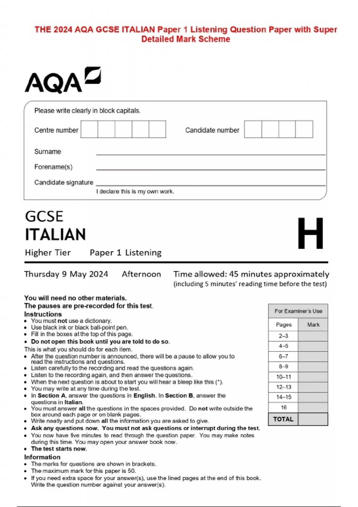THE 2024 AQA GCSE ITALIAN Paper 1 Listening Question Paper with Super ...