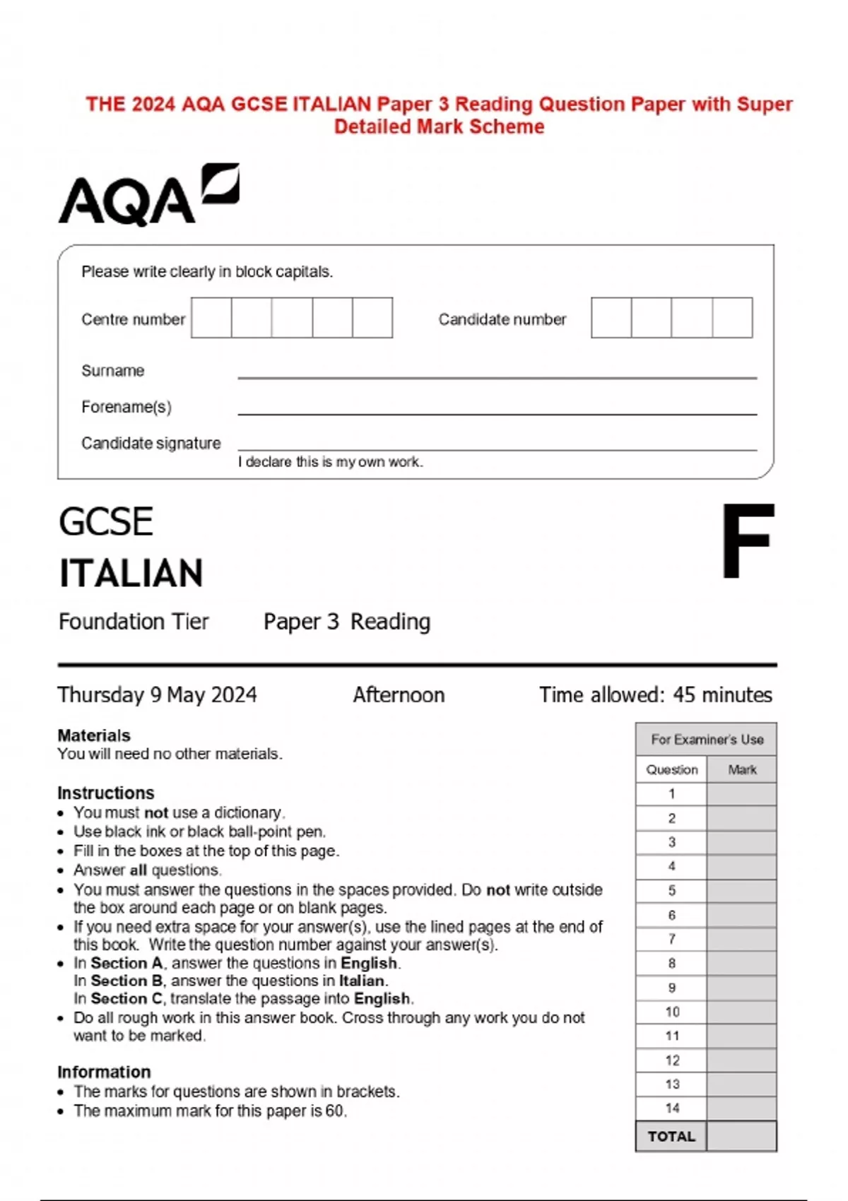 THE 2024 AQA GCSE ITALIAN Paper 3 Reading Question Paper with Super ...