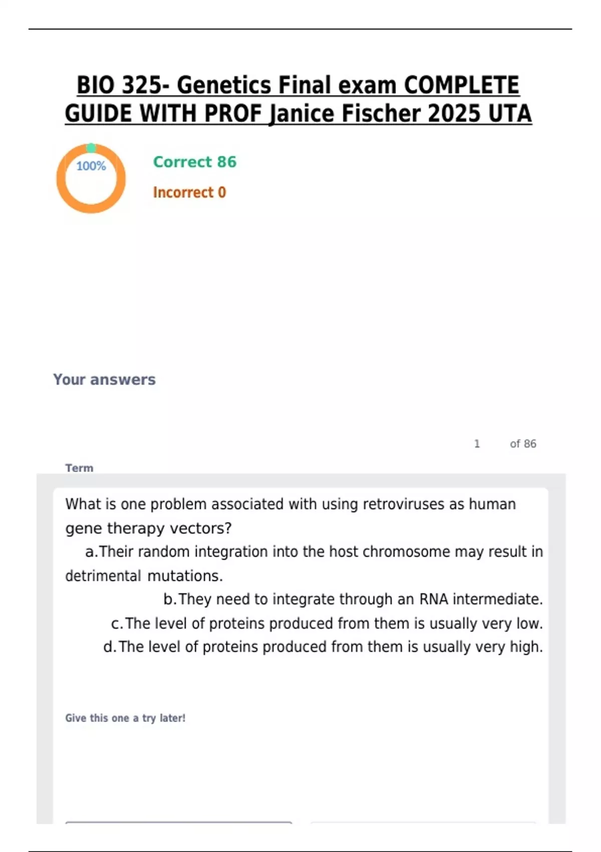 BIO 325- Genetics Final exam COMPLETE GUIDE WITH PROF Janice Fischer ...