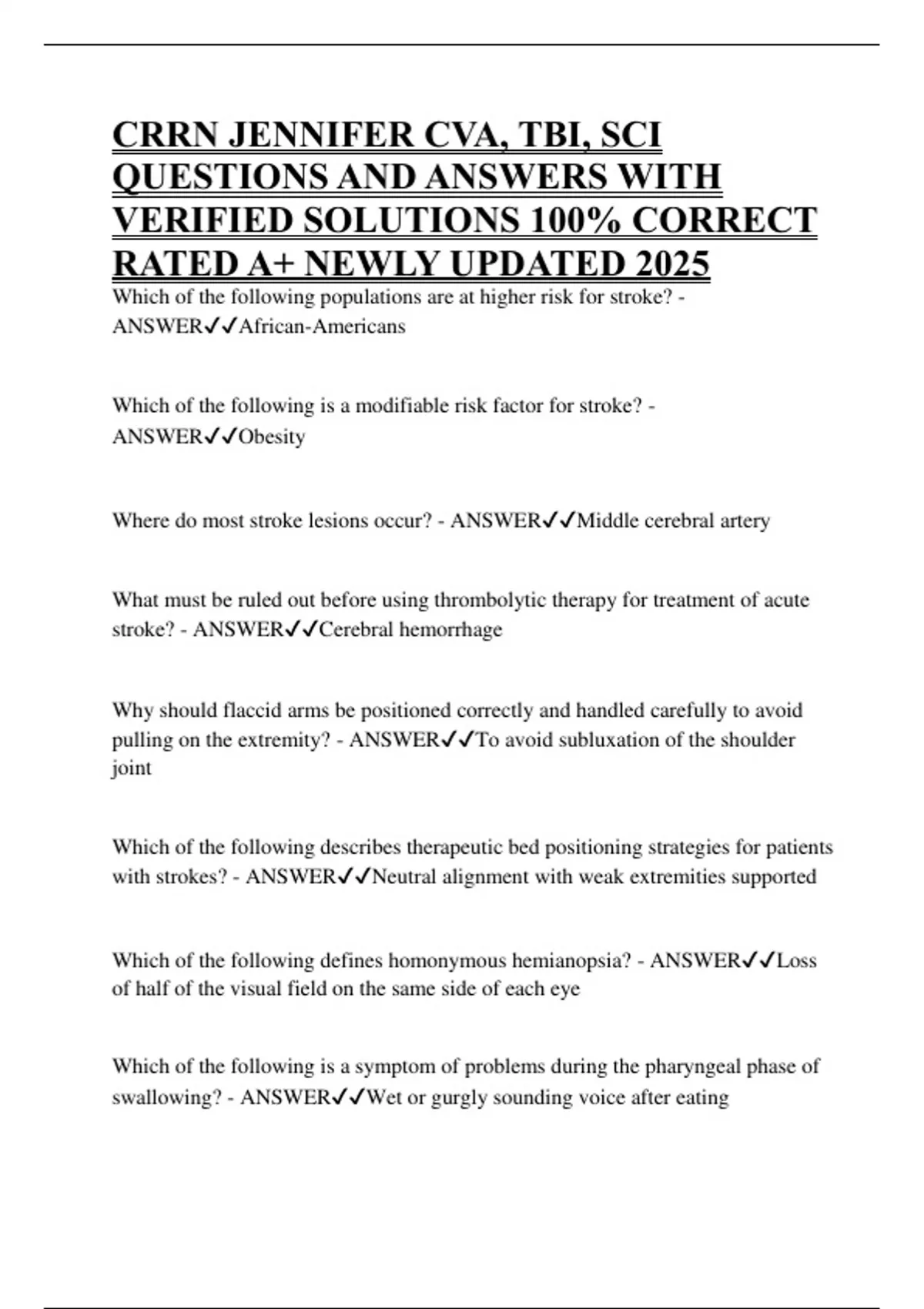 CRRN JENNIFER CVA, TBI, SCI QUESTIONS AND ANSWERS WITH VERIFIED ...