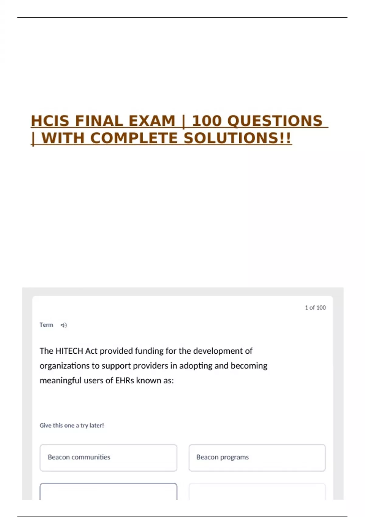 HCIS FINAL EXAM | 100 QUESTIONS | WITH COMPLETE SOLUTIONS!! - HCIS ...